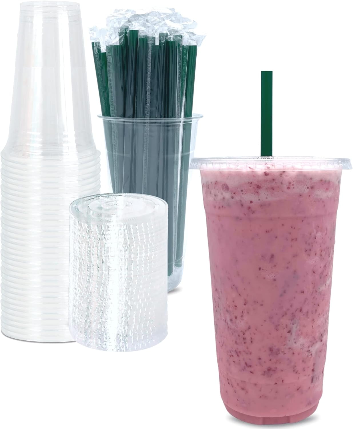 32 oz Clear Plastic Cups with Lids and STRAWS, Disposable Drinking Cups ...