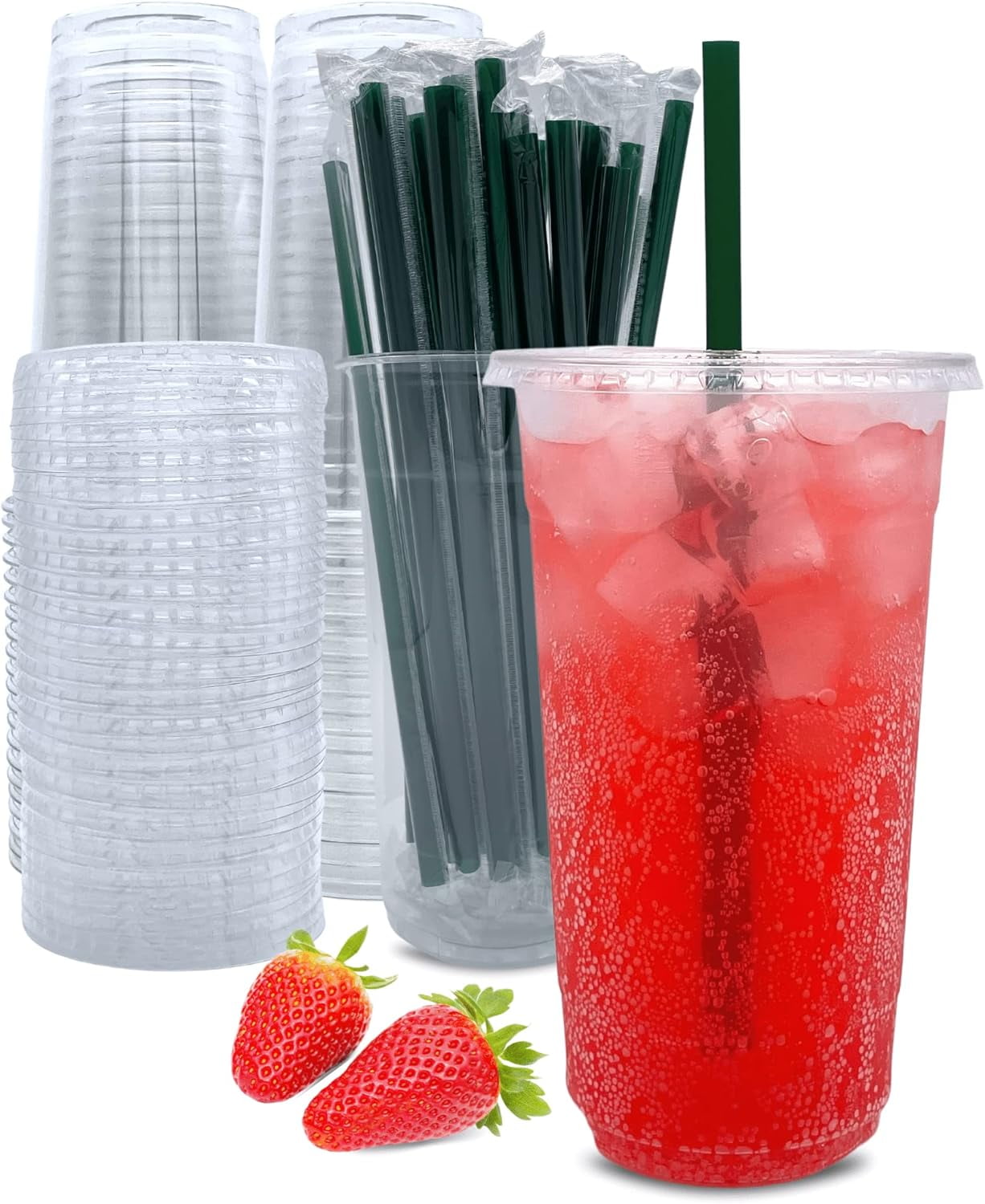32 oz Clear Plastic Cups with Lids and Straws, Disposable Coffee Cups ...