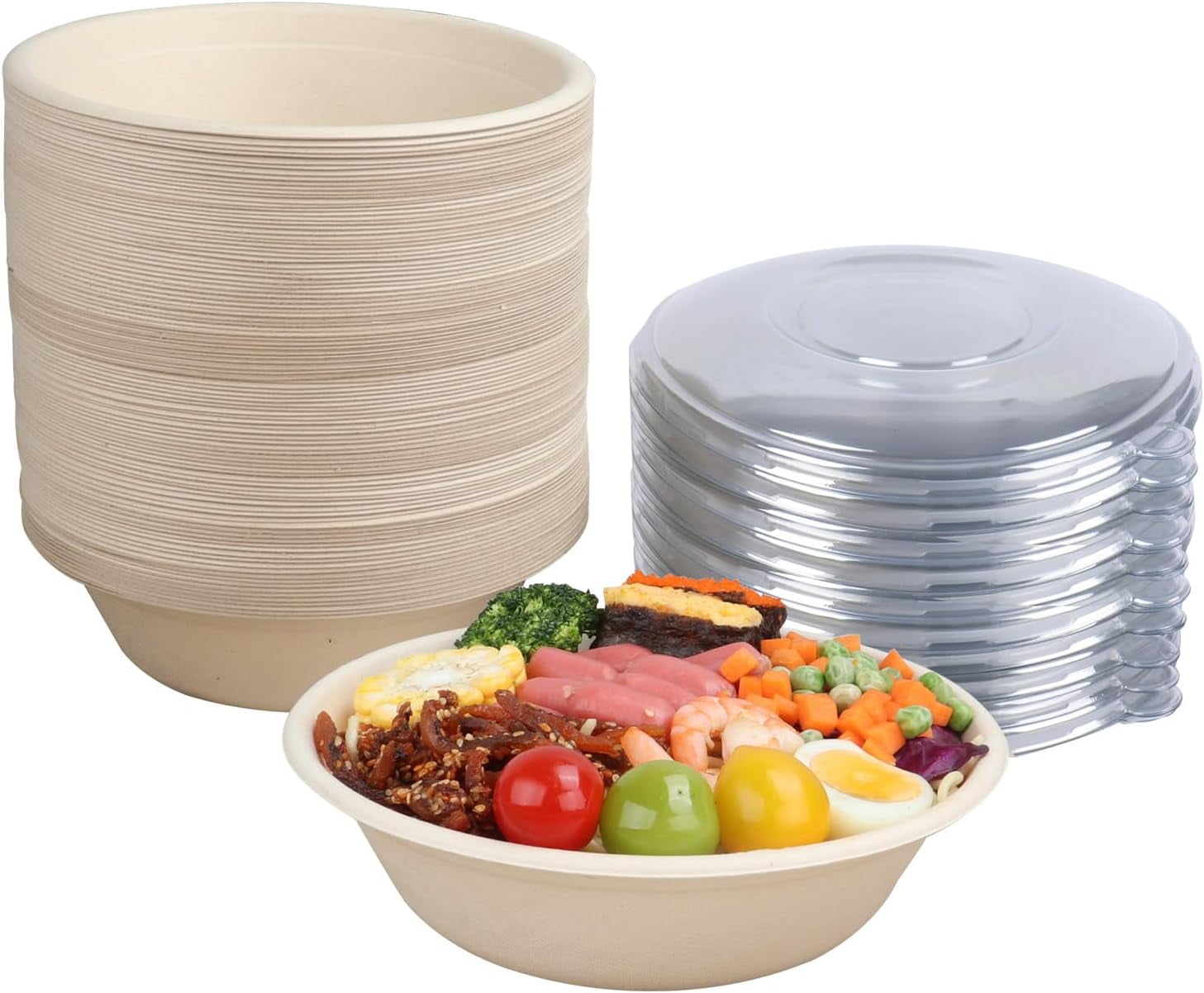 32 oz Disposable salad bowls with lids, Sugarcane Fiber Paper Bowls ...