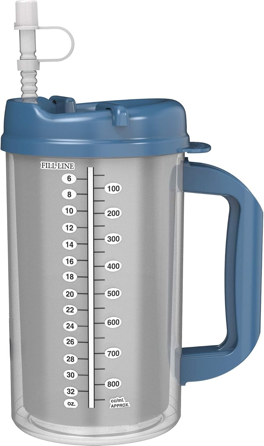 32 oz Double Walled Hospital Mug with Straw - Pearl Blue Lid and Handle ...