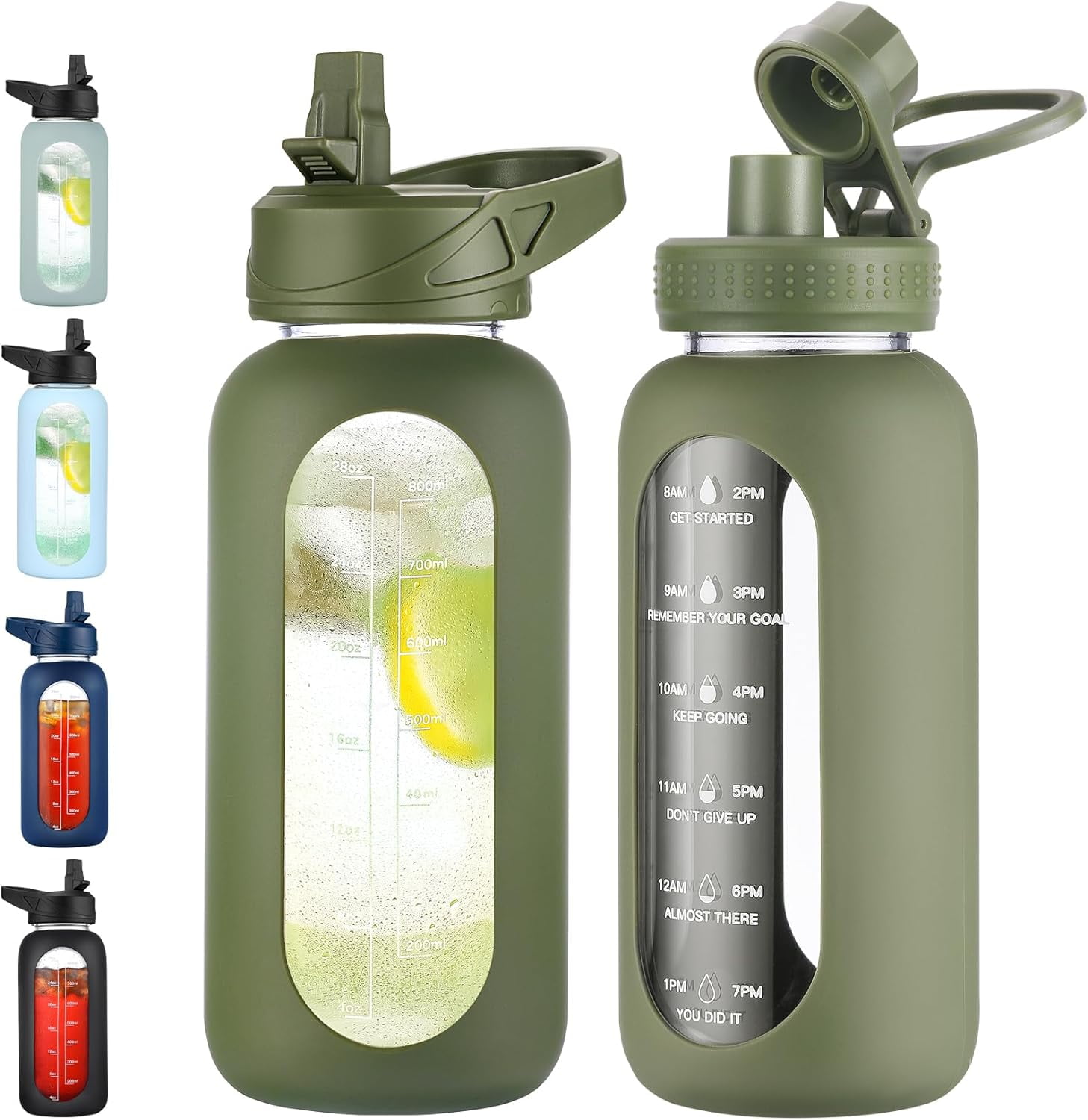 32 oz Glass Water Bottle with Straw and Handle, Sports Motivational ...