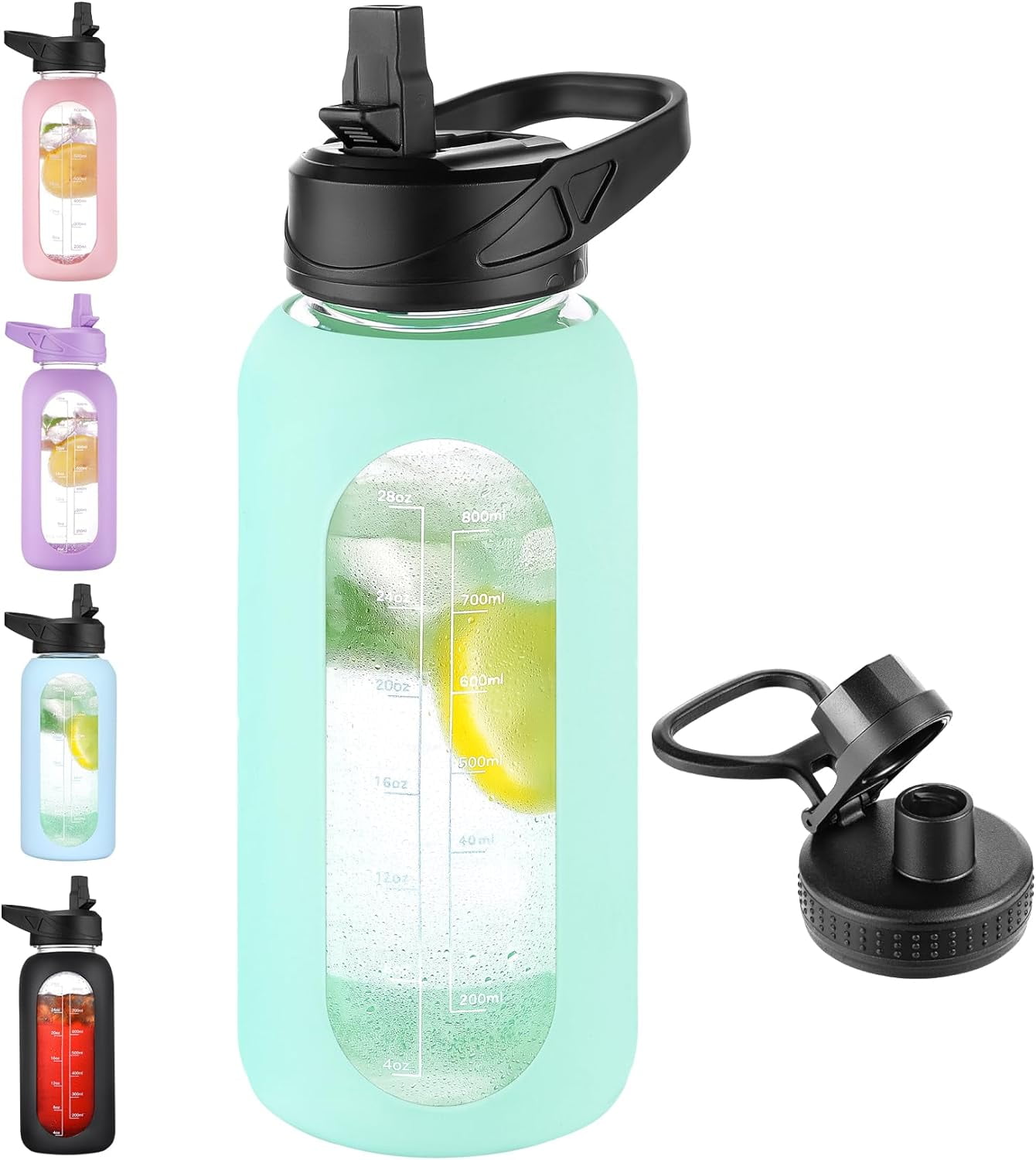 32 oz Glass Water Bottle with Straw and Handle, Sports Motivational ...