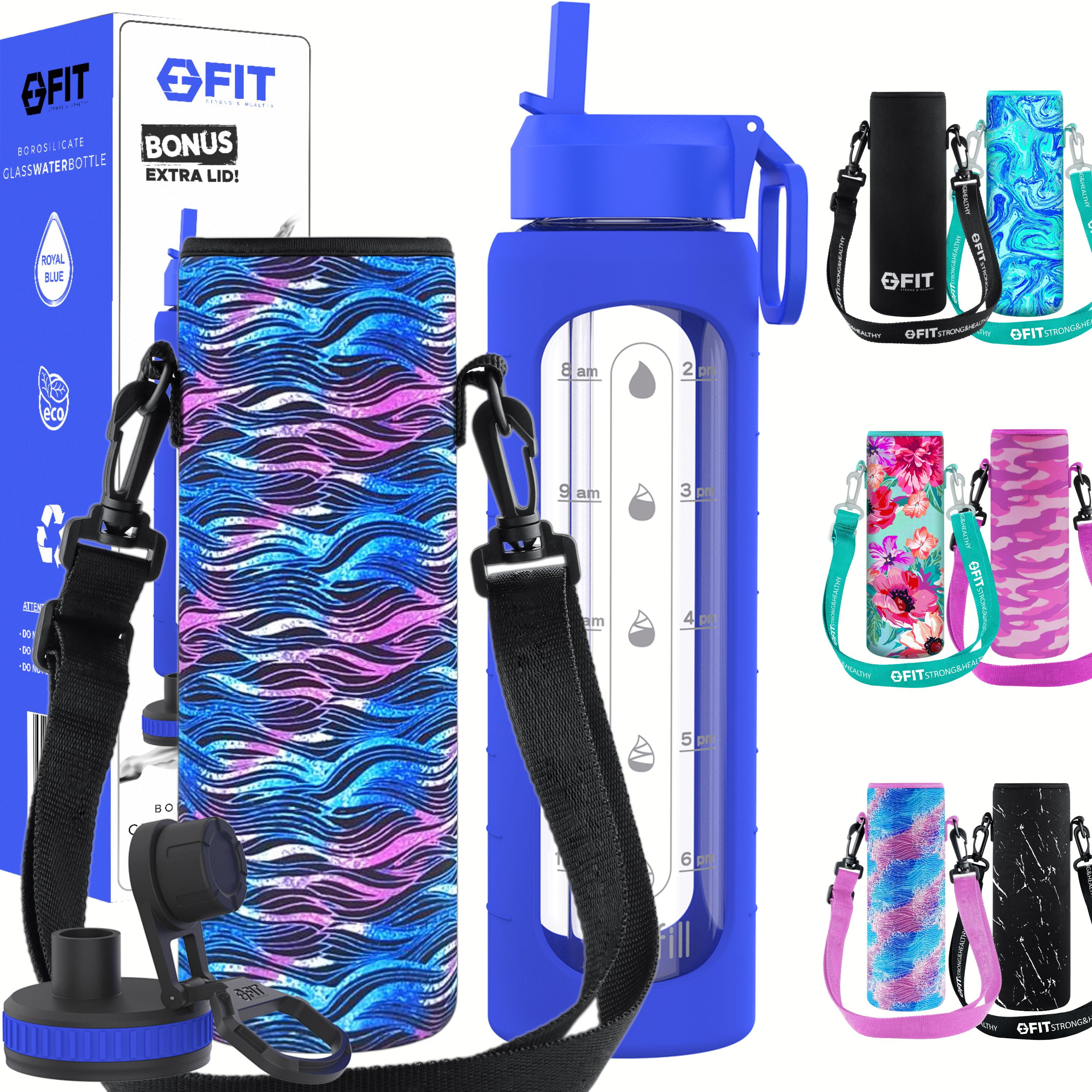 32 oz Glass Water Bottle with Time Marker Reminder + Carrier - Reusable ...