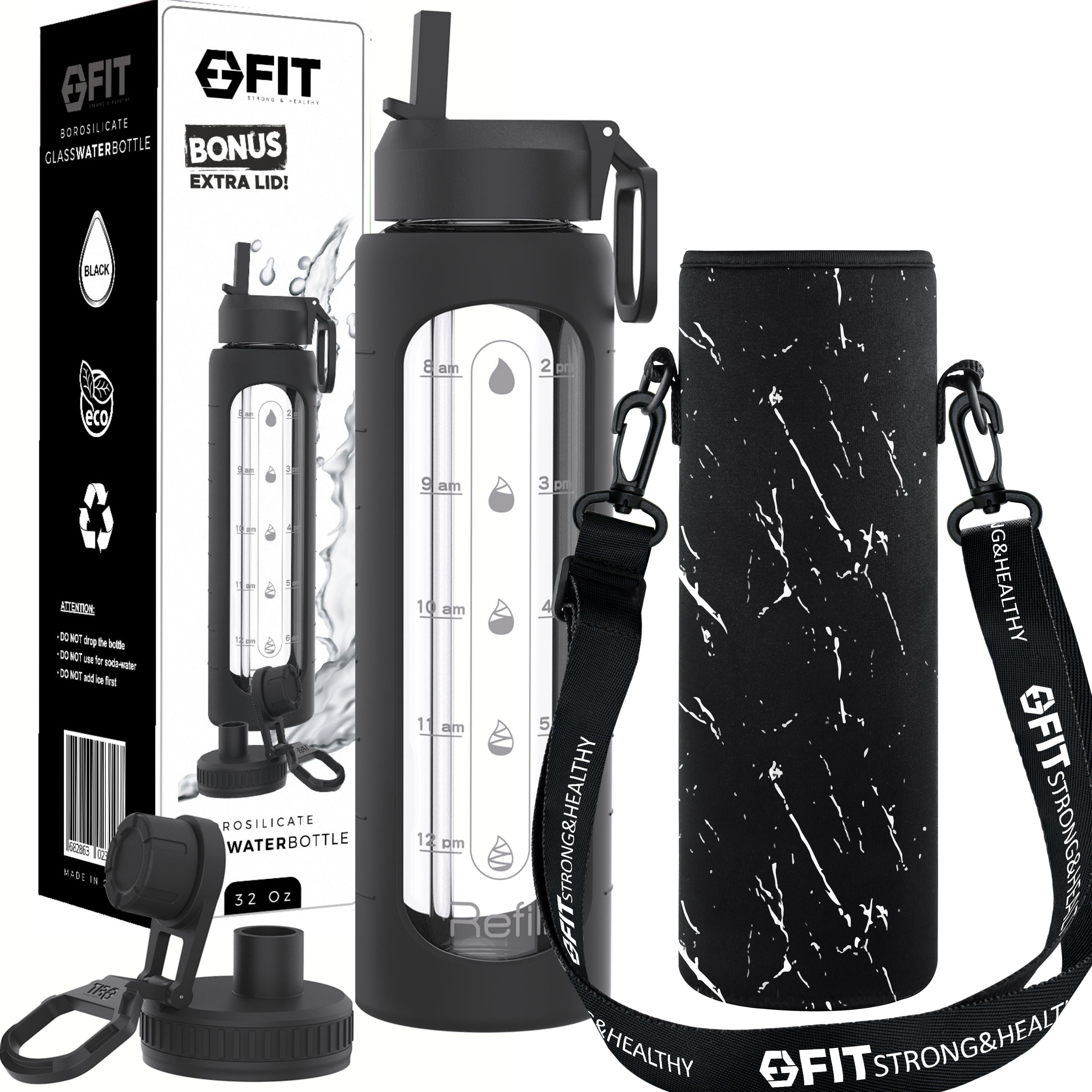32 oz Glass Water Bottle with Time Marker Reminder and Carrier ...