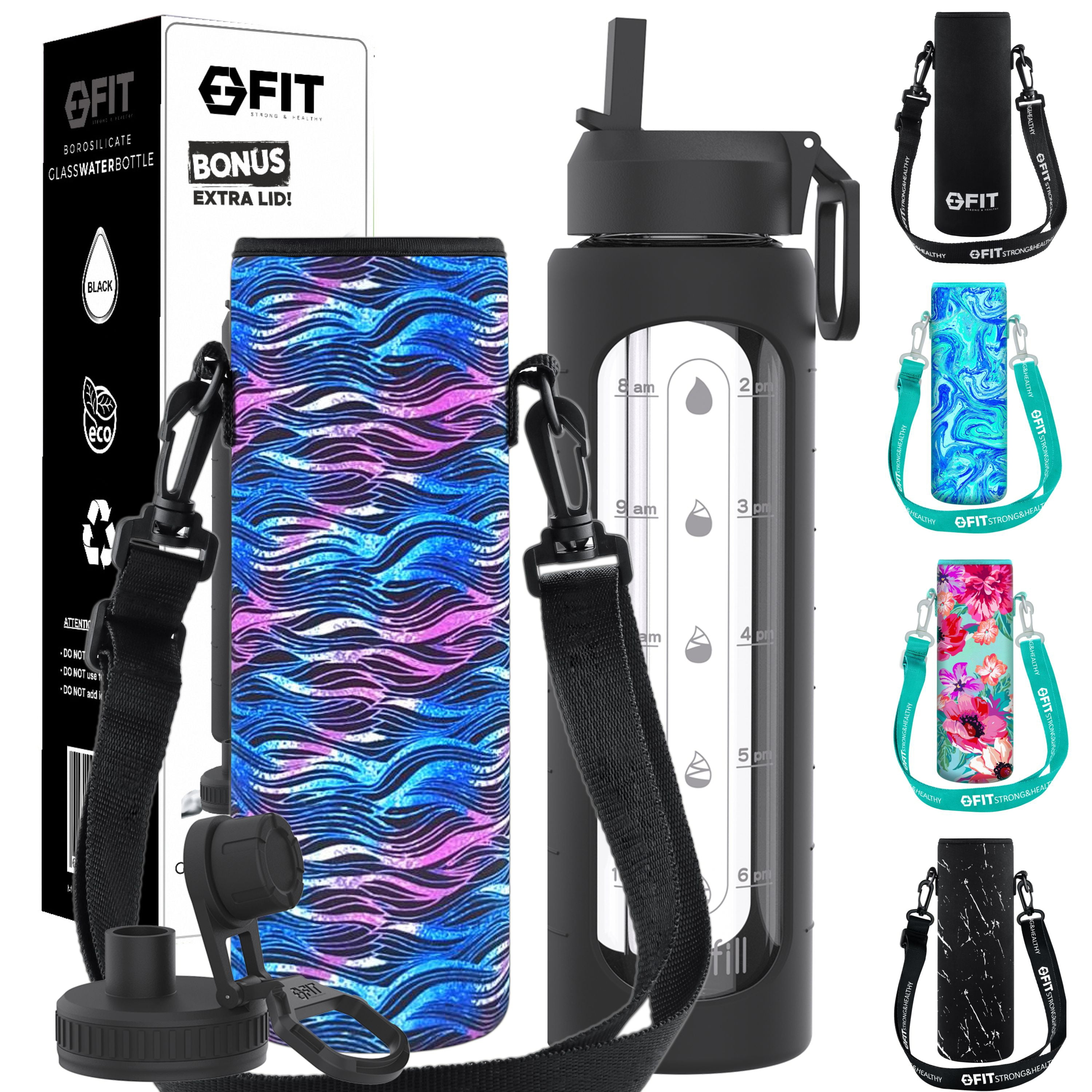 32 oz Glass Water Bottle with Time Marker Reminder + Carrier - Reusable ...
