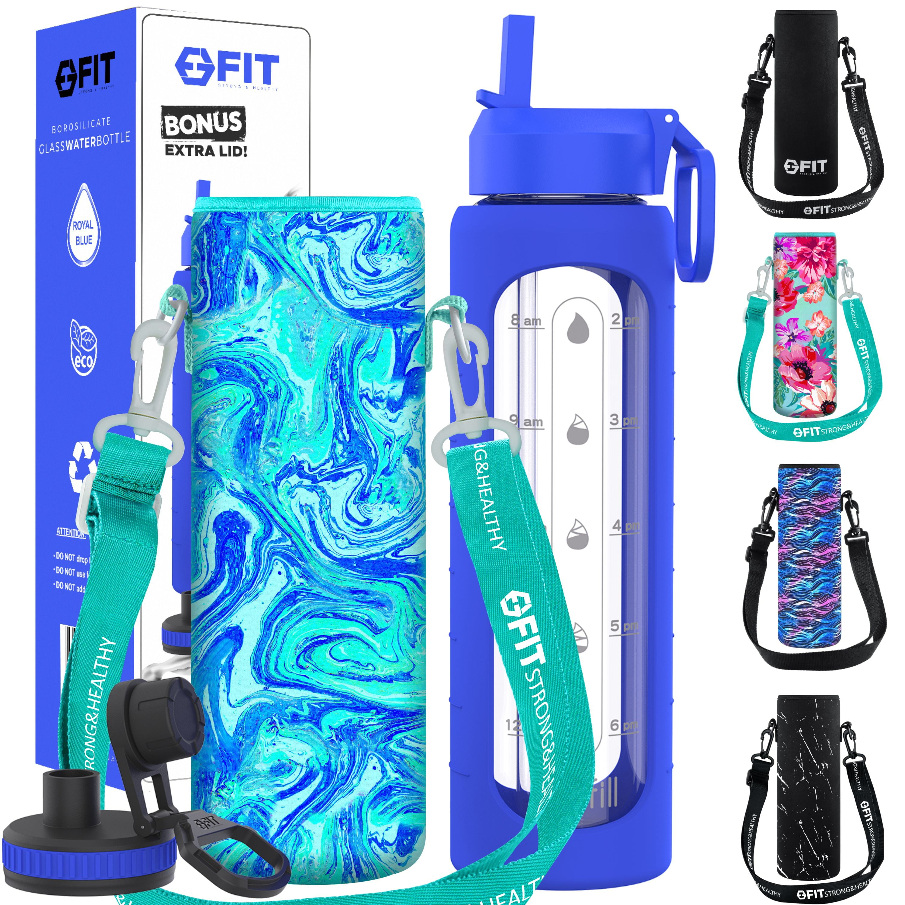 32 oz Glass Water Bottle with Time Marker Reminder + Carrier - Reusable ...
