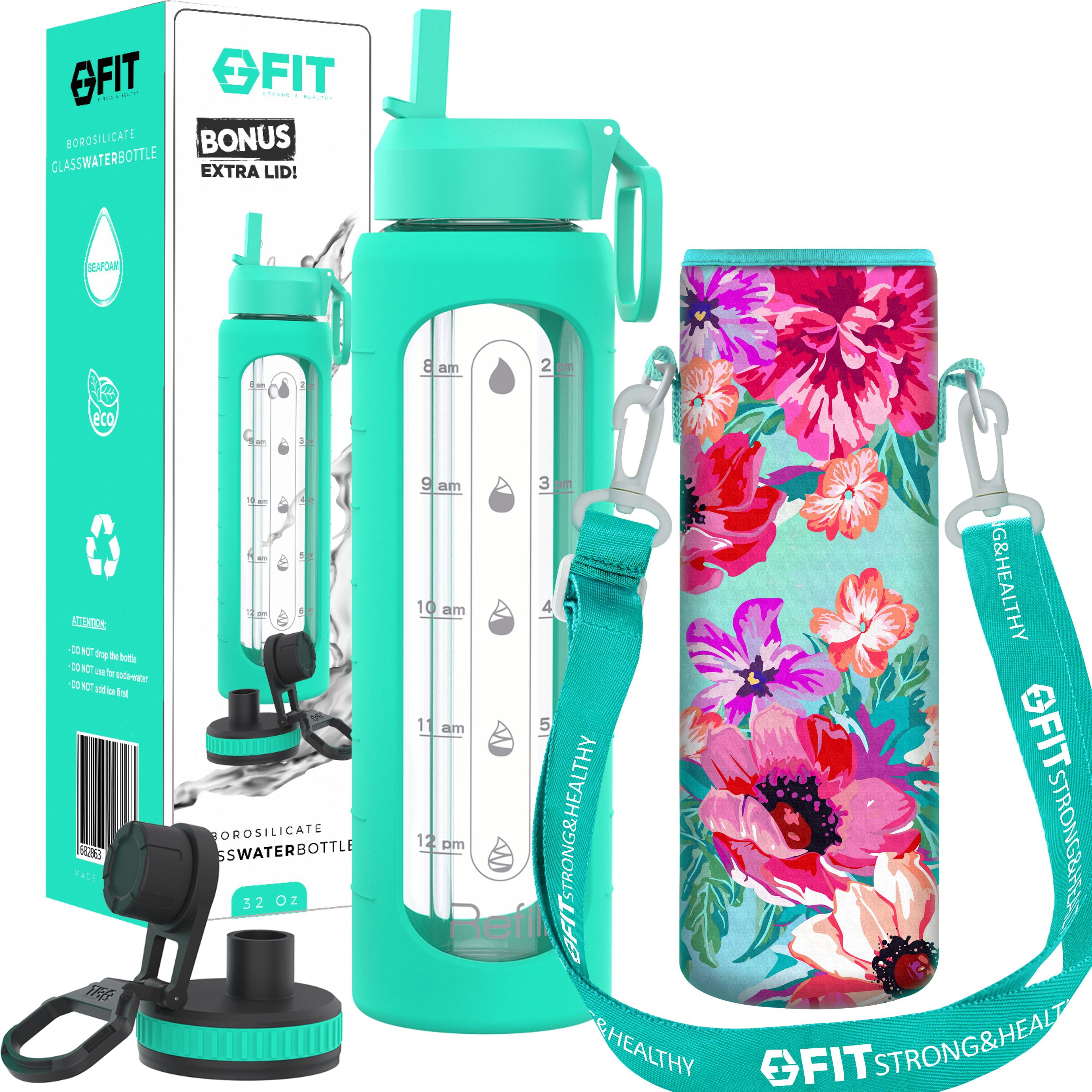 32 oz Glass Water Bottle with Time Marker Reminder and Carrier ...