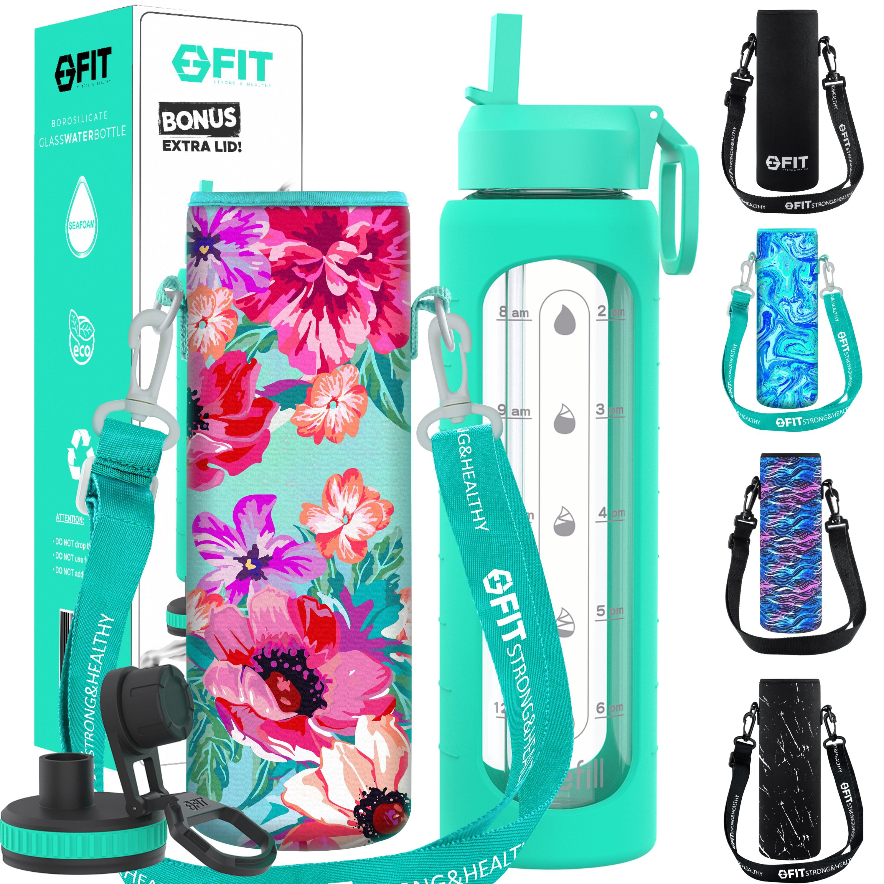 FIT Strong & Healthy 32 oz Glass Water Bottle, Time Marker, Silicone ...
