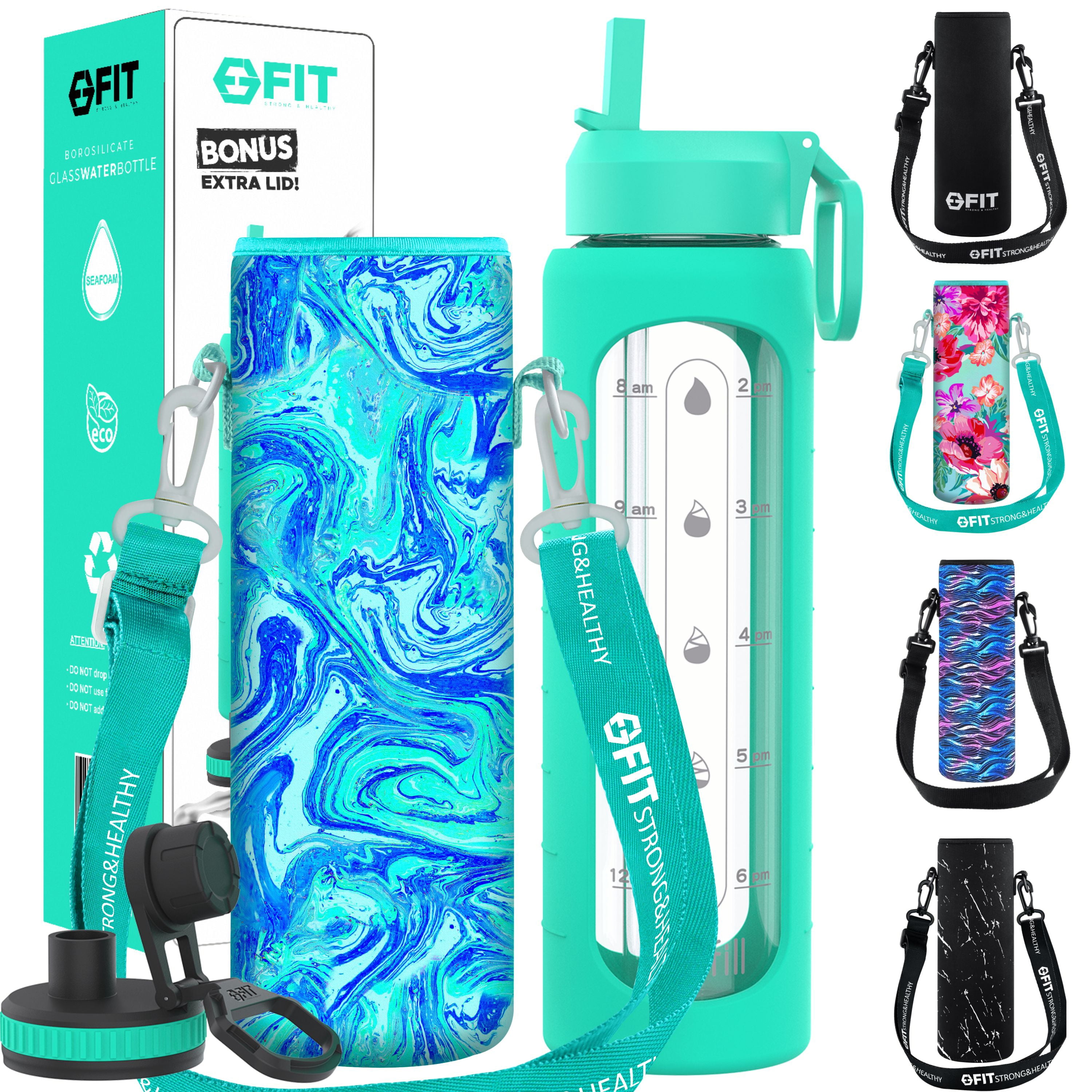 32 oz Glass Water Bottle with Time Marker Reminder and Carrier ...