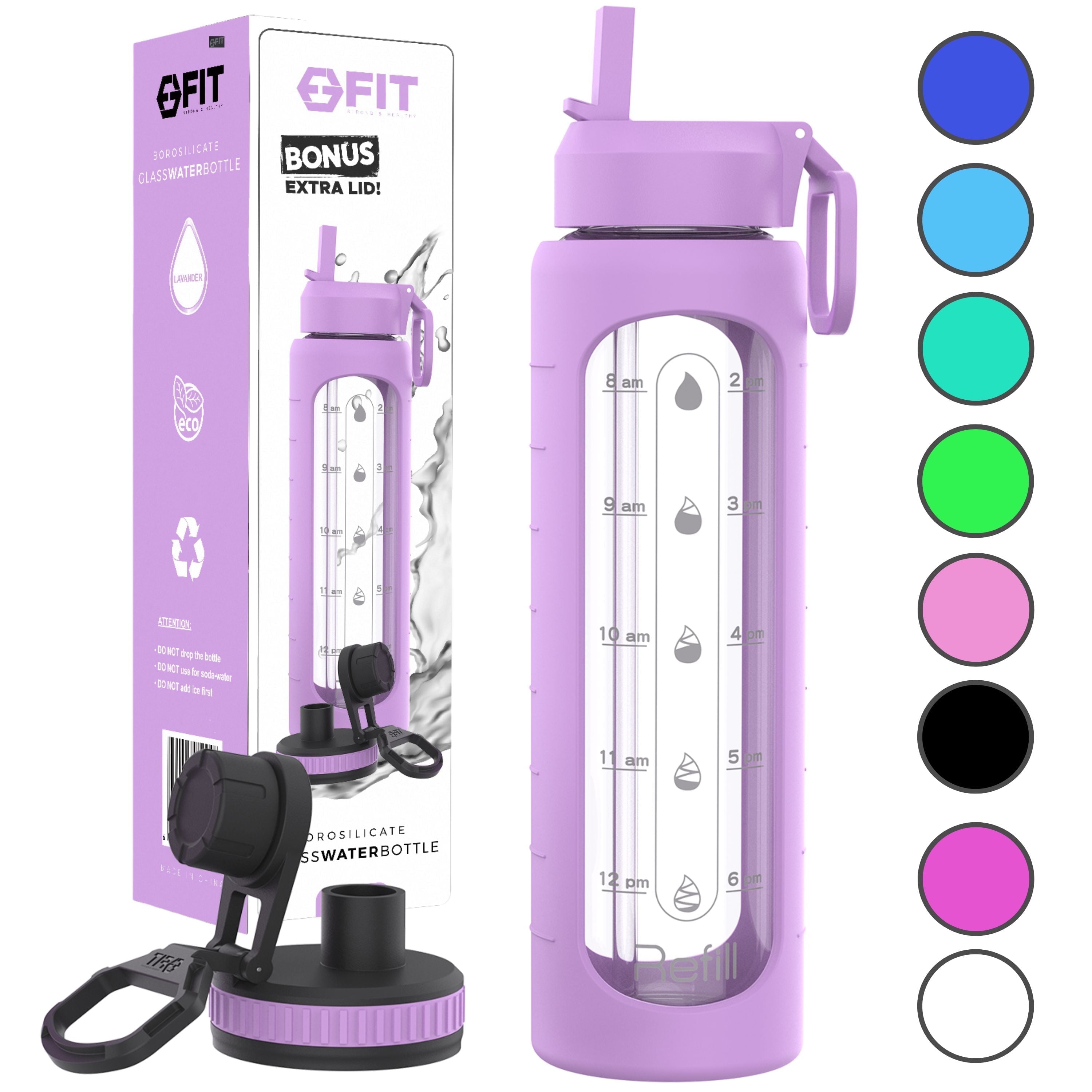 FIT Strong & Healthy 32 oz Glass Water Bottle, Time Marker, Silicone ...
