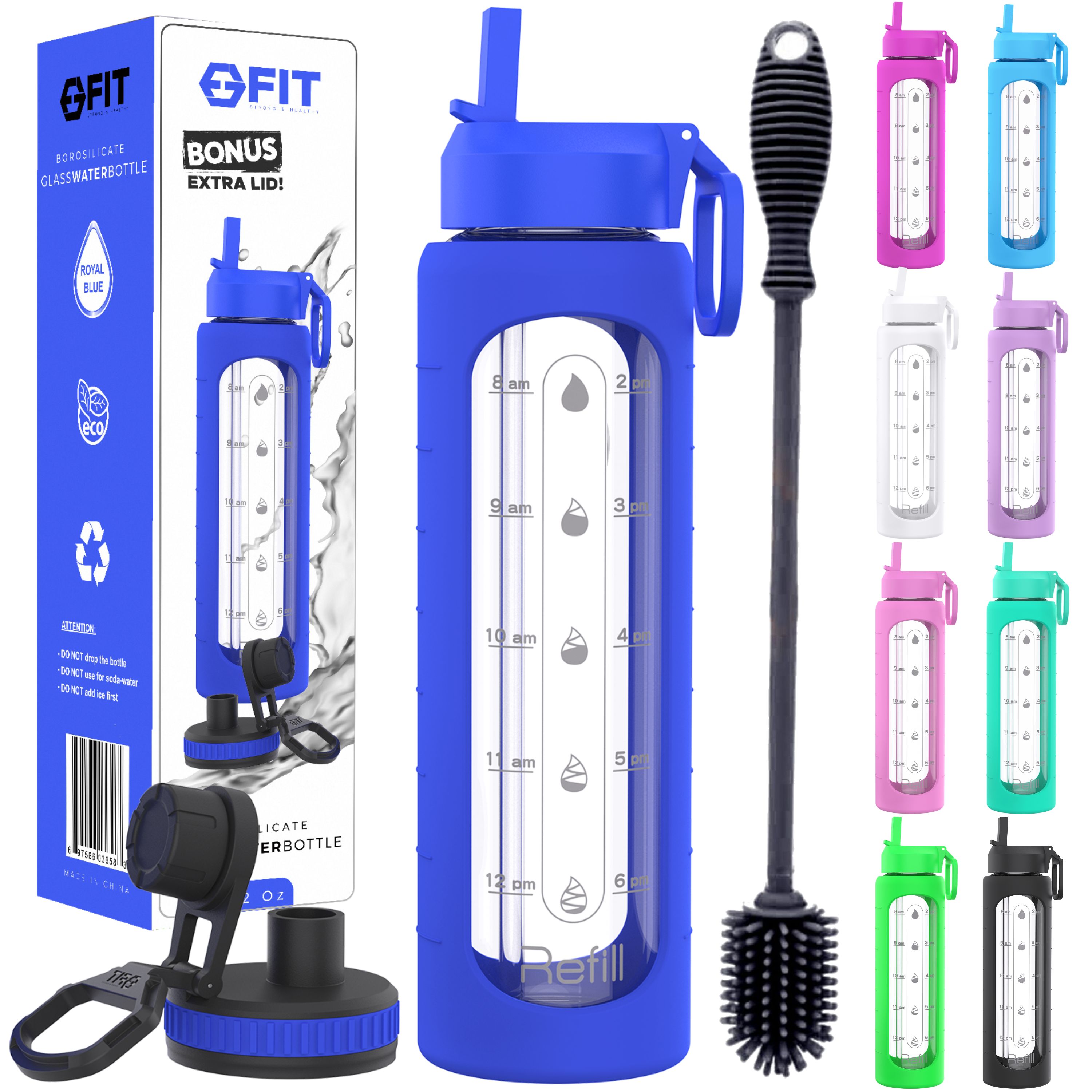 32 oz Glass Water Bottle with Time Marker Reminder and Silicone Sleeve ...