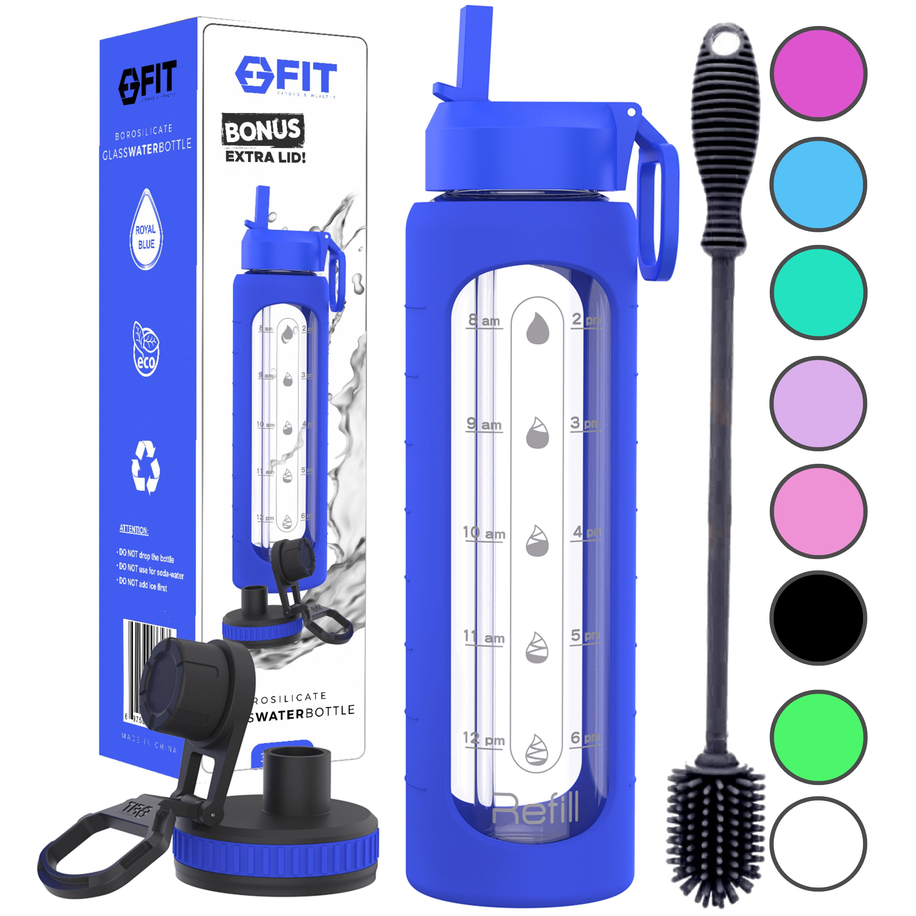 32 oz Glass Water Bottle with Time Marker Reminder and Silicone Sleeve ...