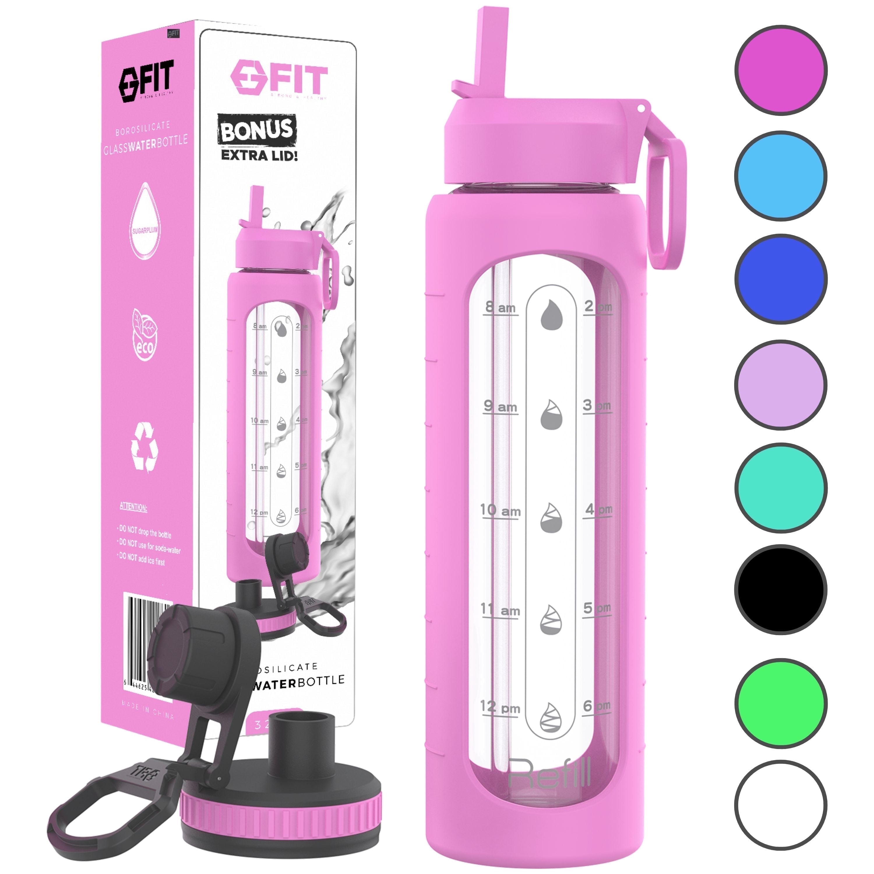 32 oz Glass Water Bottle with Time Marker Reminder and Silicone Sleeve ...