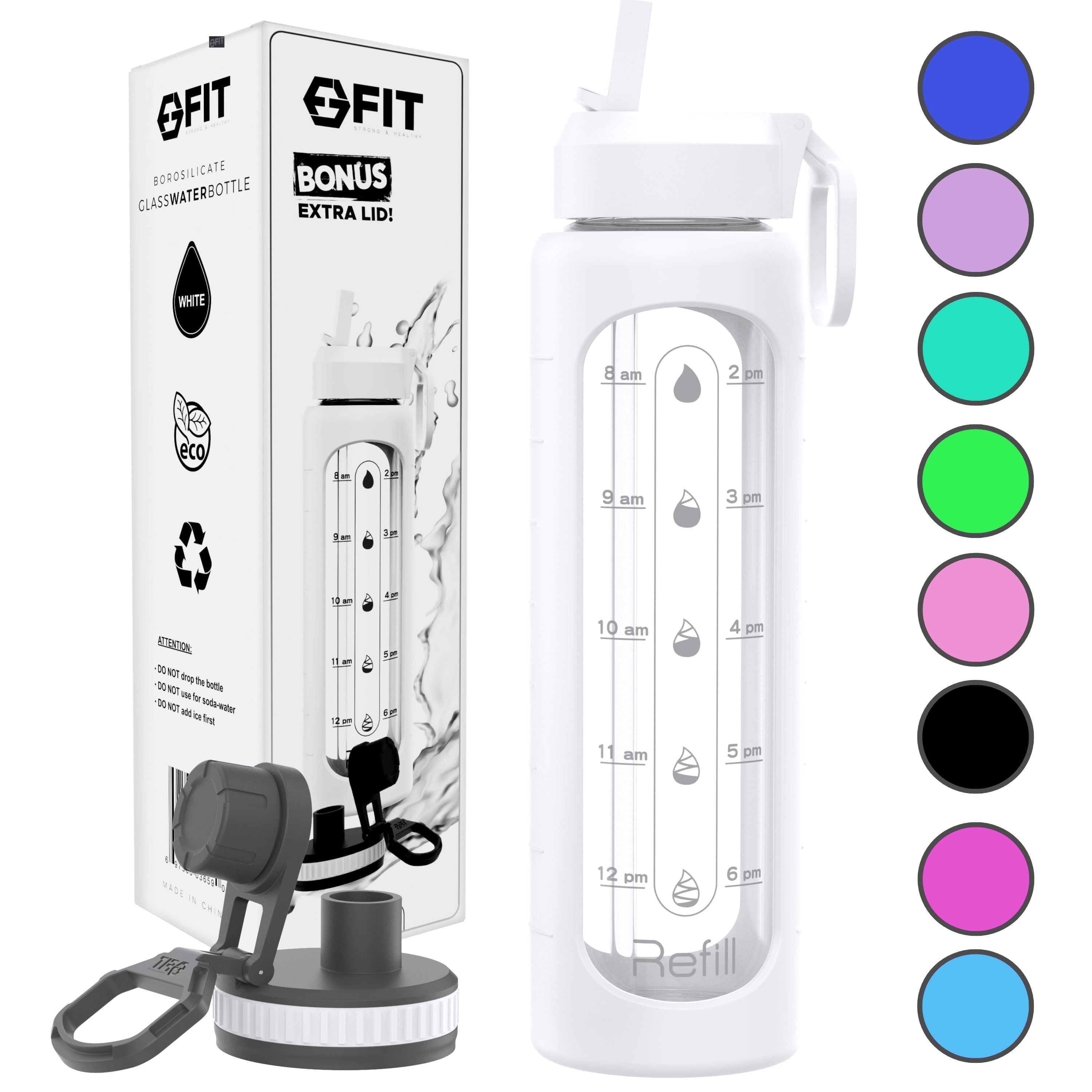 32 oz Glass Water Bottle with Time Marker Reminder and Silicone Sleeve ...