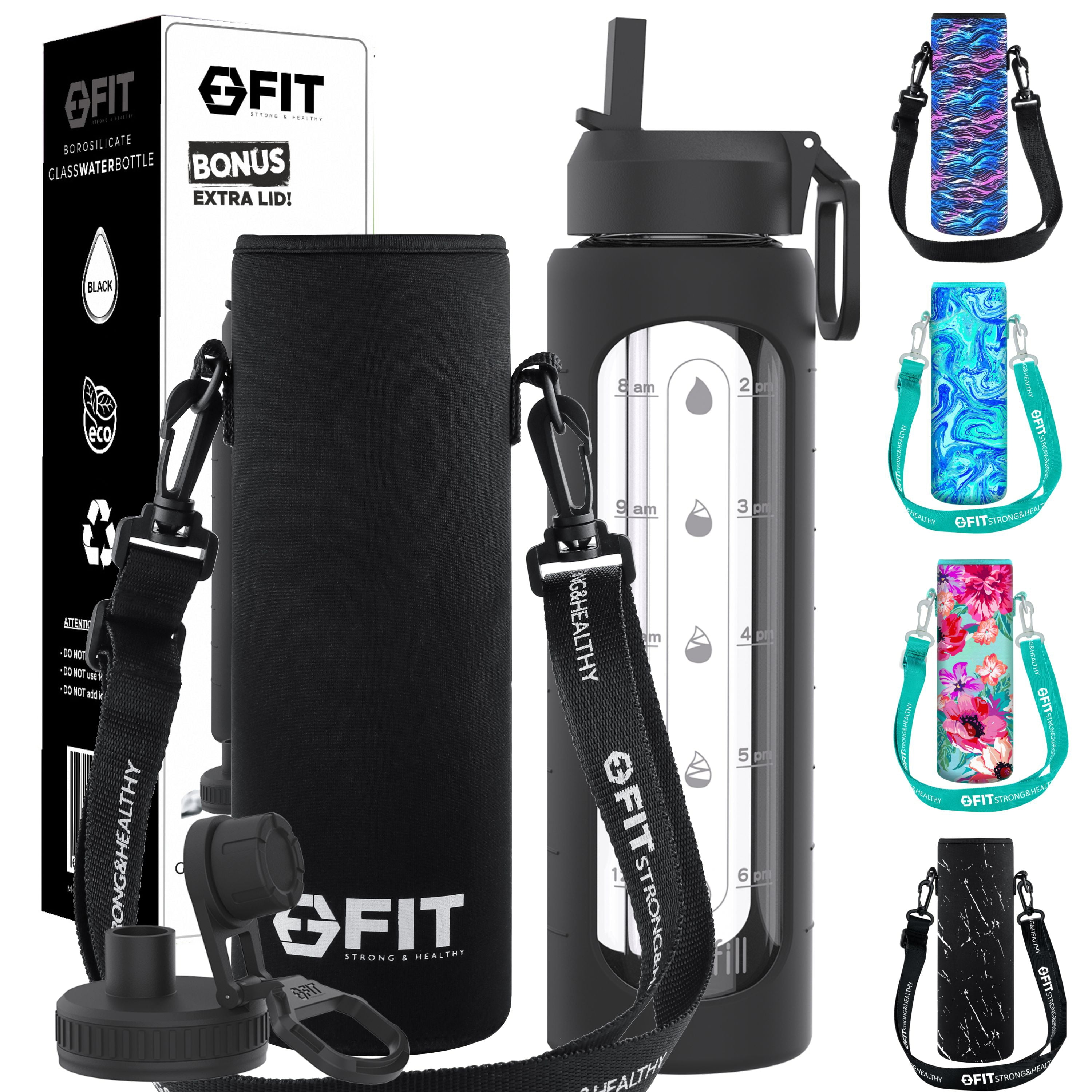 32 oz Glass Water Bottle with Time Marker, Sleeve, Leakproof, BPA Free ...