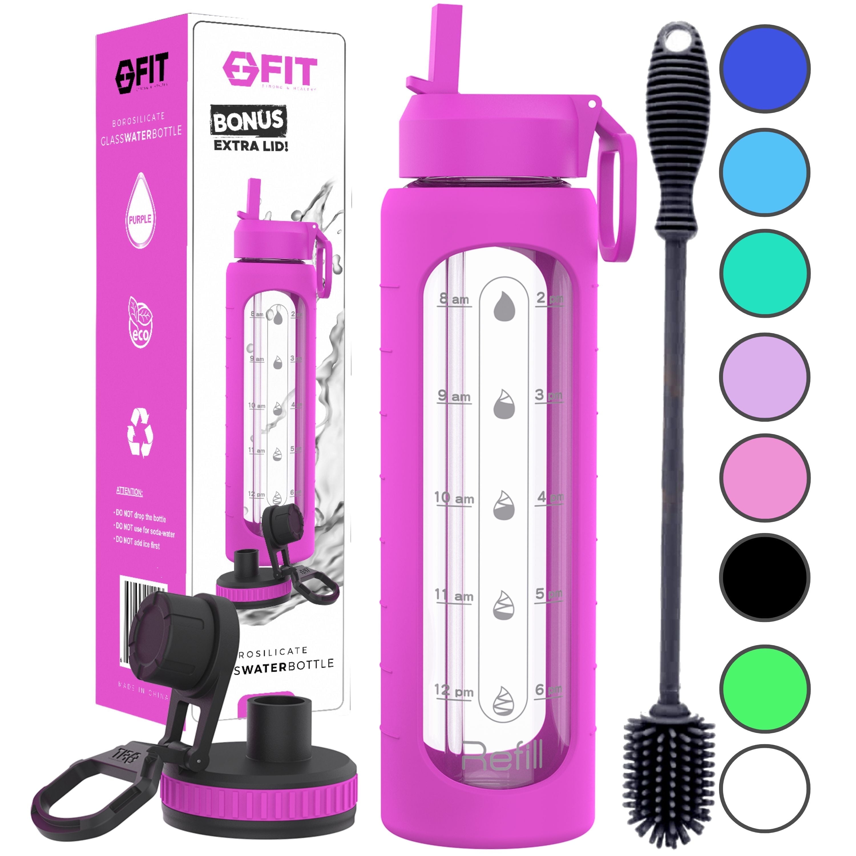 32 oz Glass Water Bottle with Time Marker Reminder and Silicone Sleeve ...