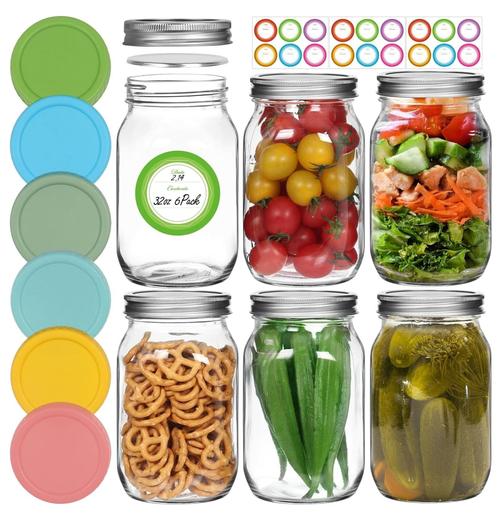 32 oz Mason Jars Wide Mouth with Lids 6Pack, 32oz Mason Jars with Metal ...