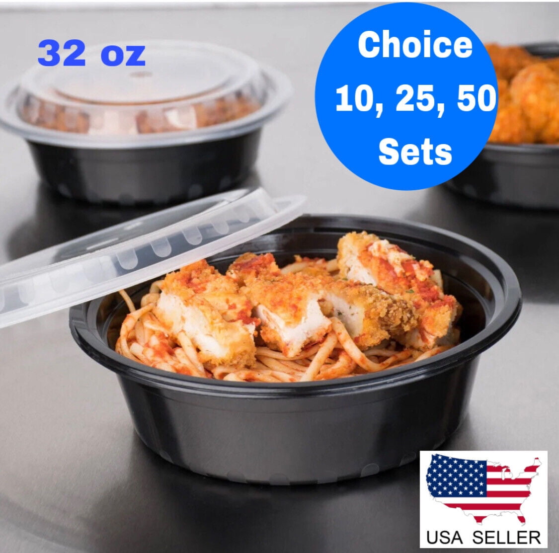 32 oz Plastic 7.25" Round Meal Prep Food Containers with Lids BPA FREE ...