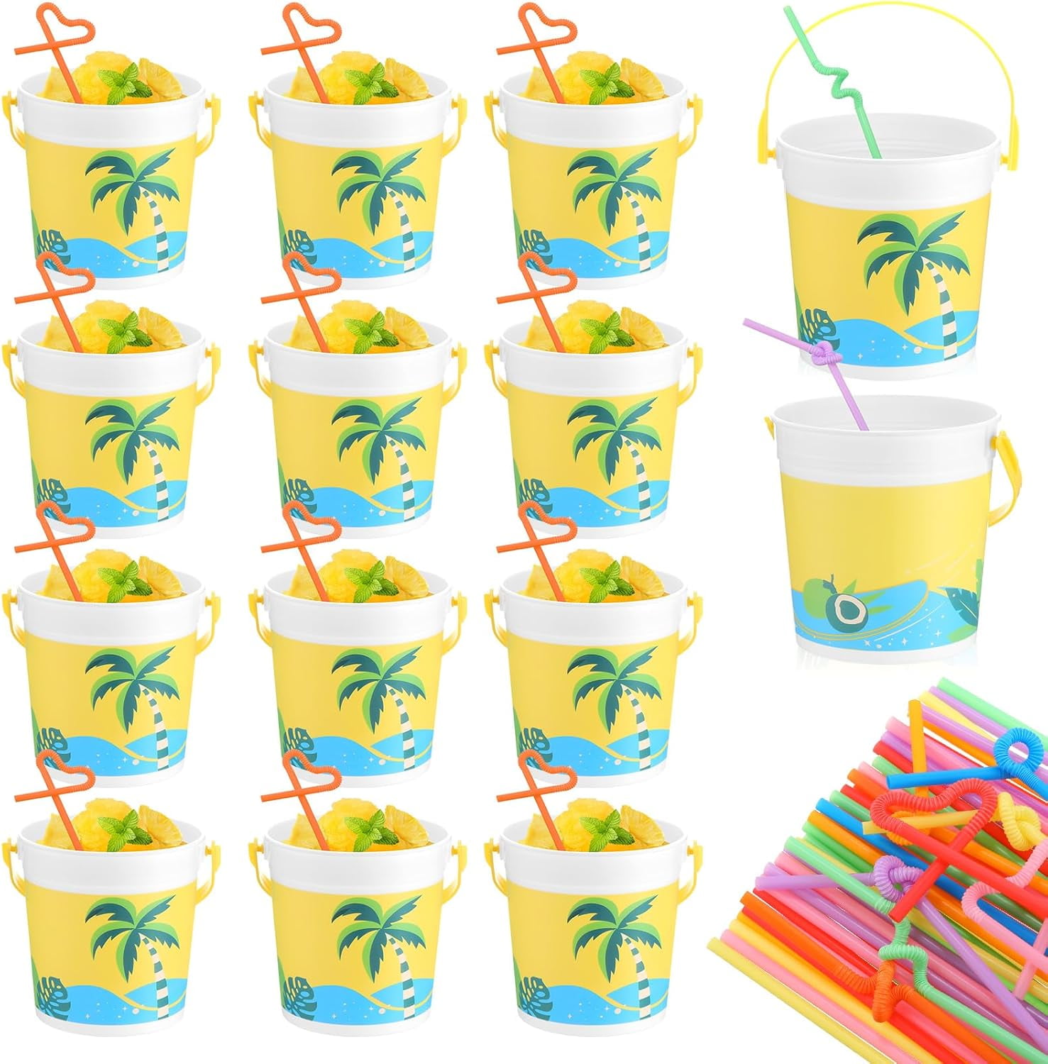 32 oz Plastic Cocktail Rum Buckets for Drinks with 100 Colorful Straws ...
