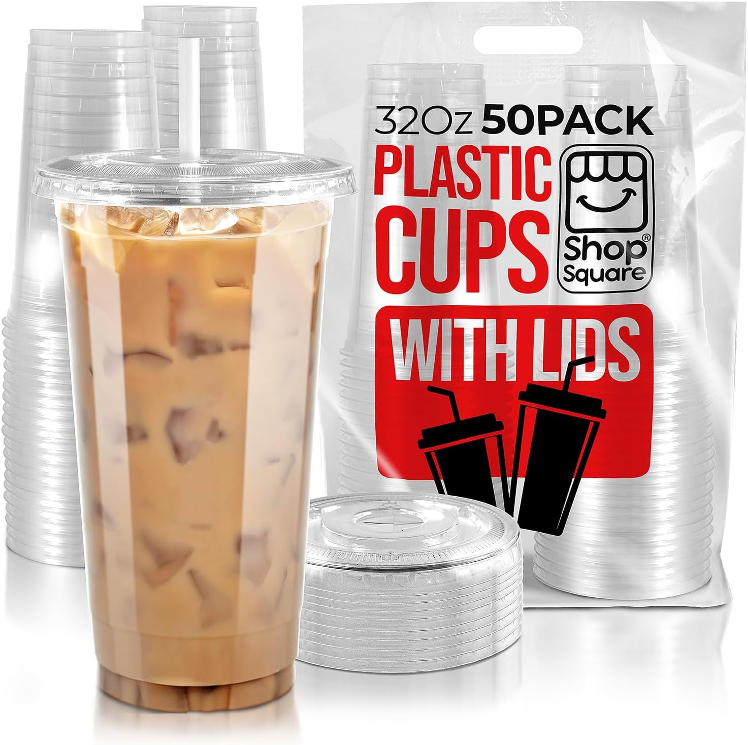 32 oz Plastic Cups with Lids (50 Pack) - Disposable Clear Cups for Iced ...