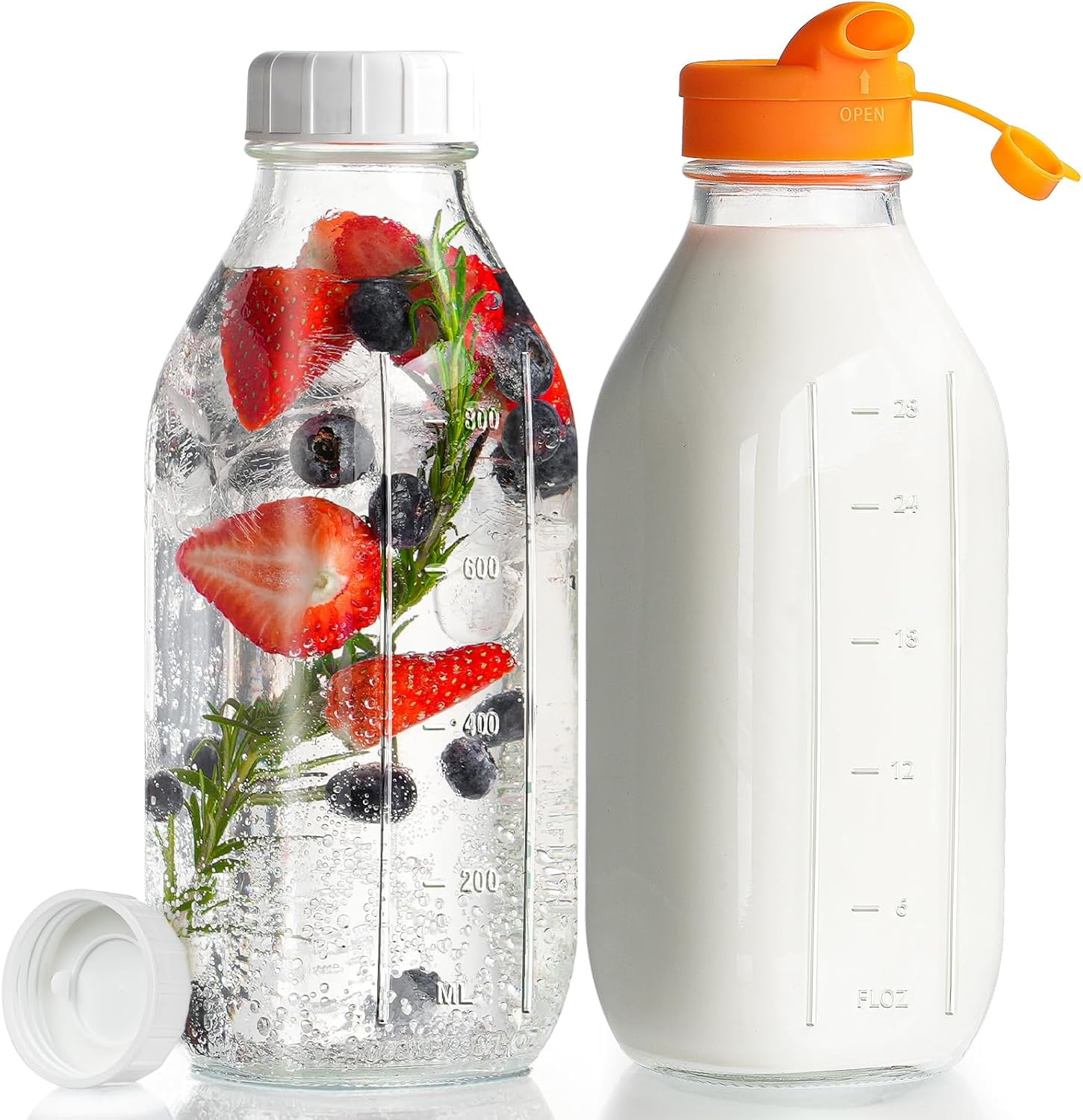 32 oz Reusable Glass Milk Bottles with Silicone Dispenser Cap, 2 Pack ...