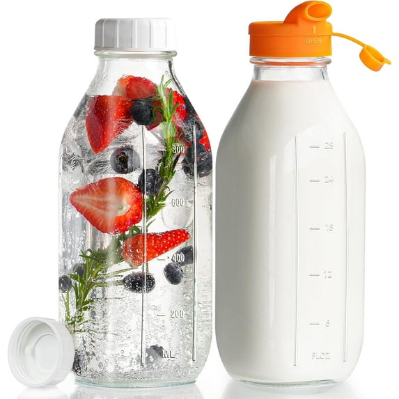 32 oz Reusable Glass Milk Bottles with Silicone Dispenser Cap, 2 Pack ...