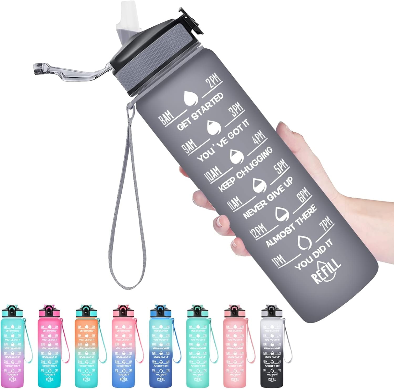 32 oz Water Bottles with Times to Drink and Straw, Motivational Water Bottle with Time Marker ...
