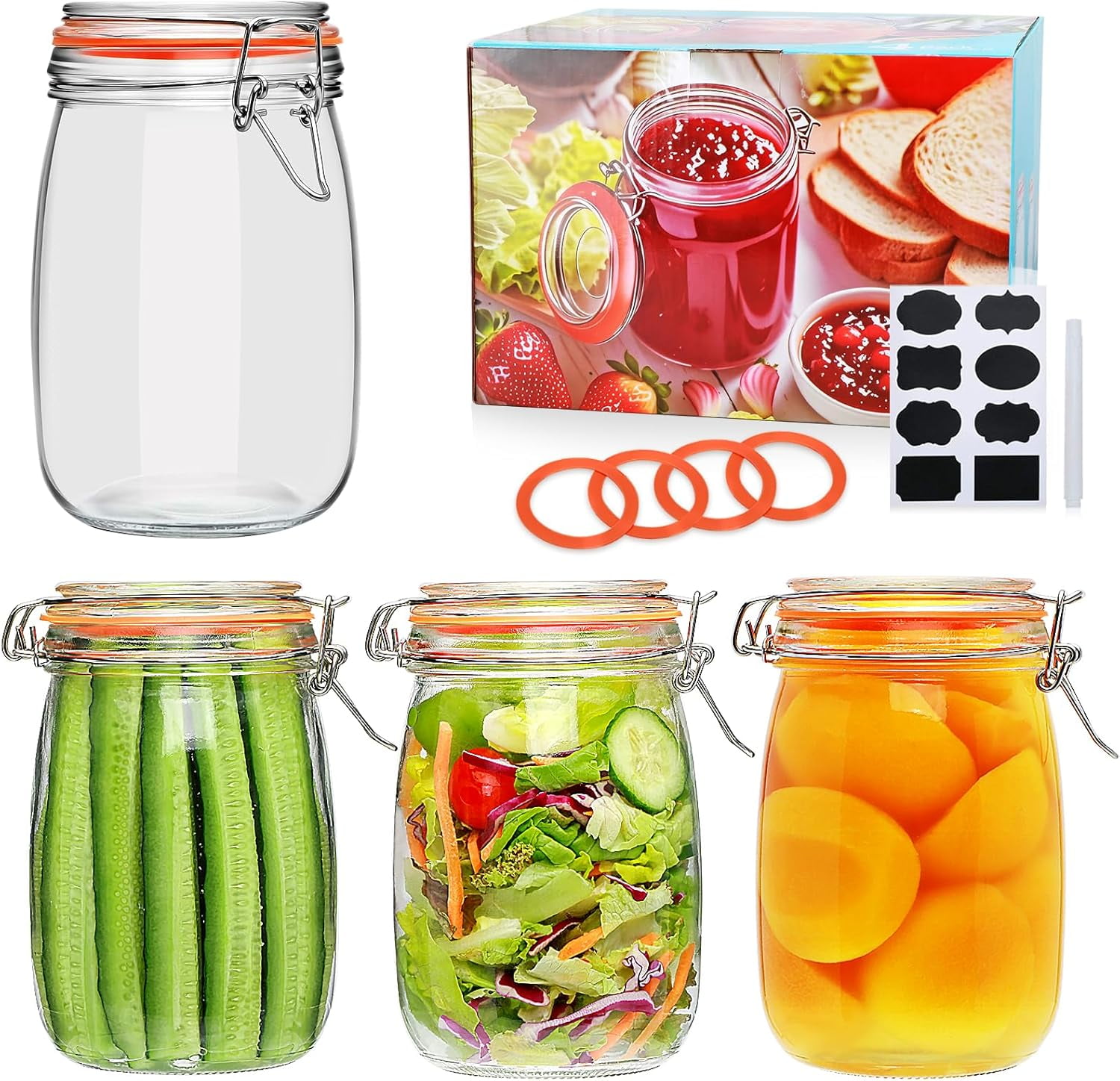 32 oz Wide Mouth Mason Jars with Airtight Hinged Lids, Large Glass Jar ...