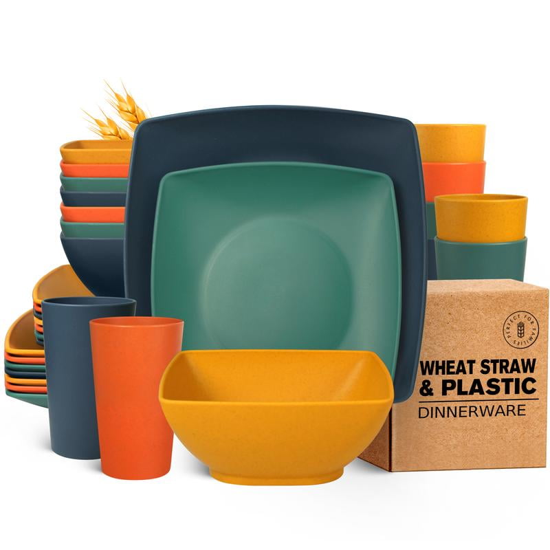 32-piece Plastic Wheat Straw Square Dinnerware Set for 8, Unbreakable ...