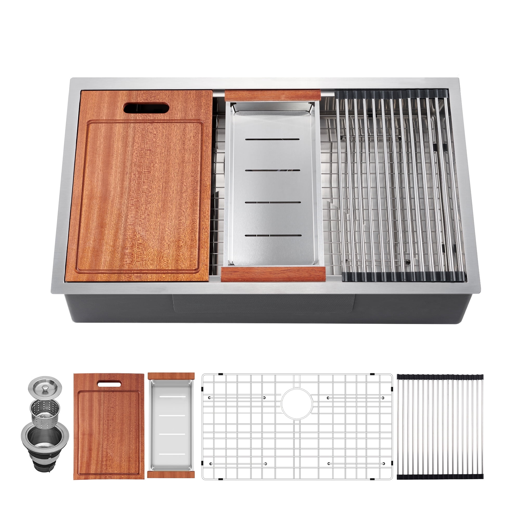 32"x 18" Workstation Undermount Kitchen Sink, Stainless Steel Handmade ...