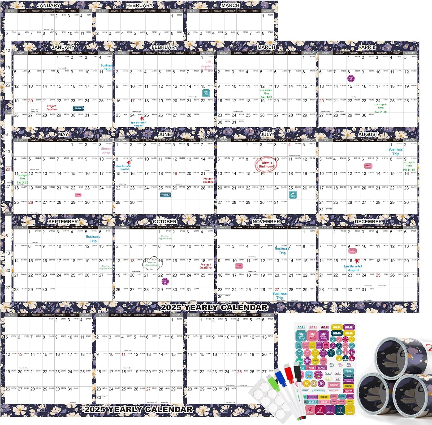 32" x 48" 2025 Wall Calendar Erasable Large Wet & Dry Erase Laminated ...