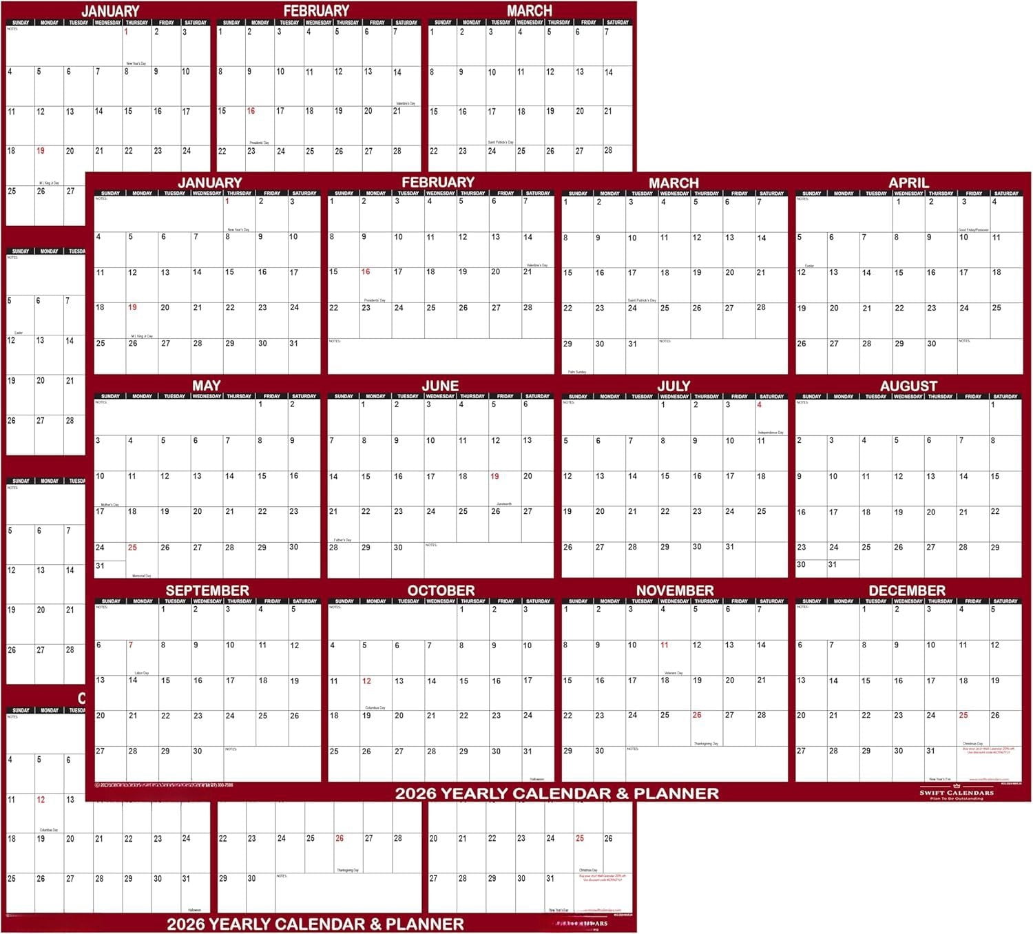32" x 48" SwiftGlimpse 2026 Wall Calendar Erasable XL Wet & Dry Erase ...