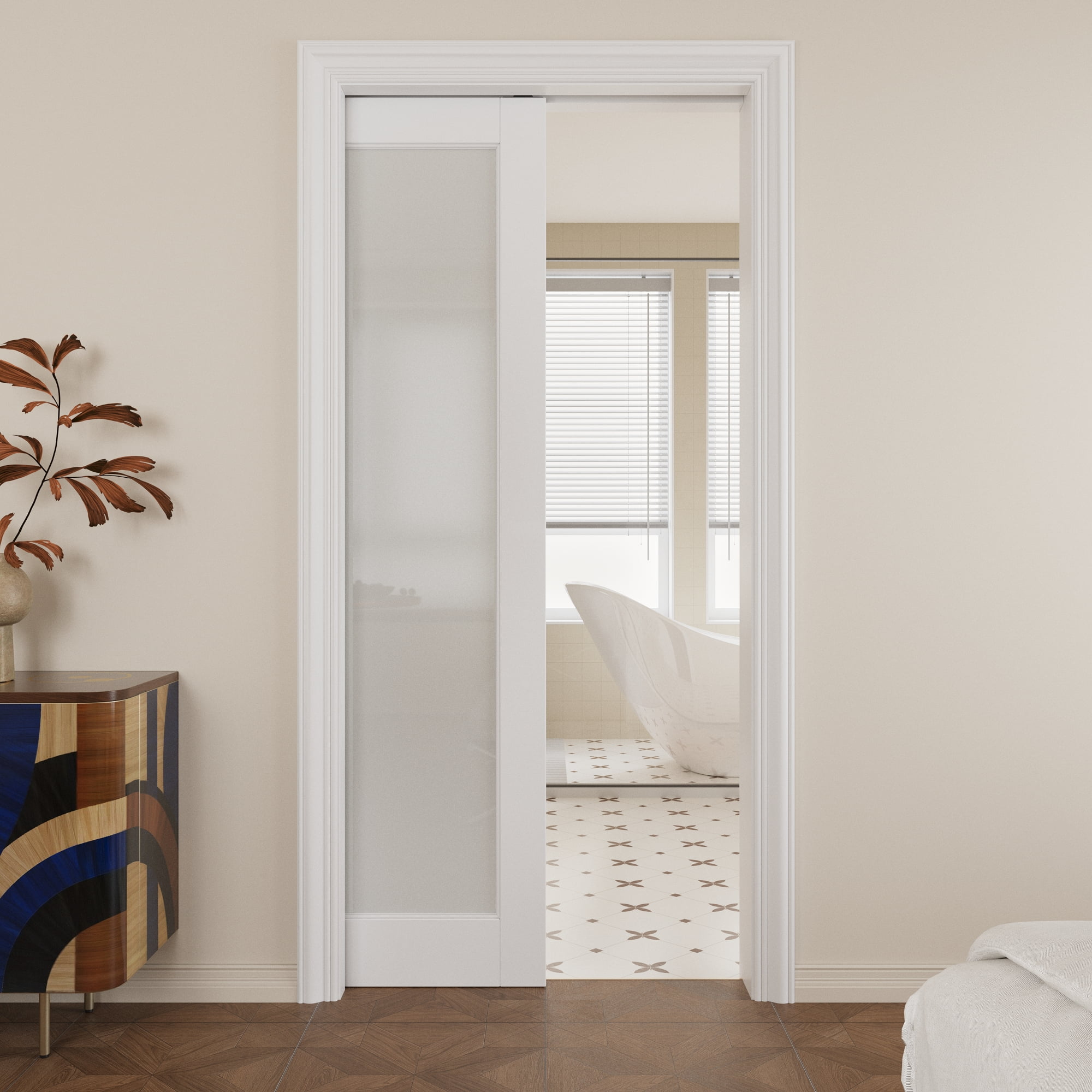 32" x 96" Frosted Glass Pocket Door with Soft Close, Solid Door Panel ...