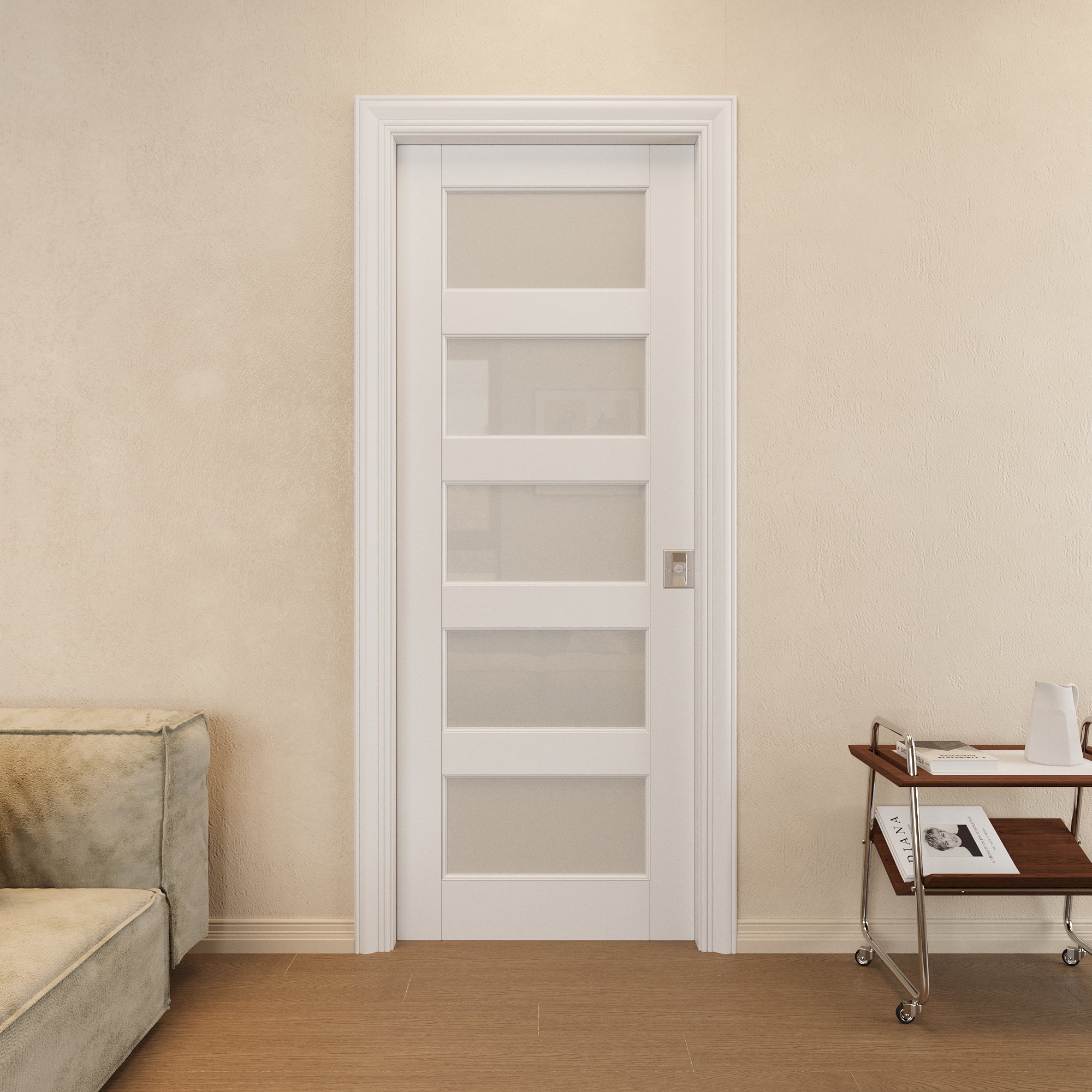 32" x 96" Interior 5-Lite Frosted Glass Sliding Pocket Door Withe Solid ...