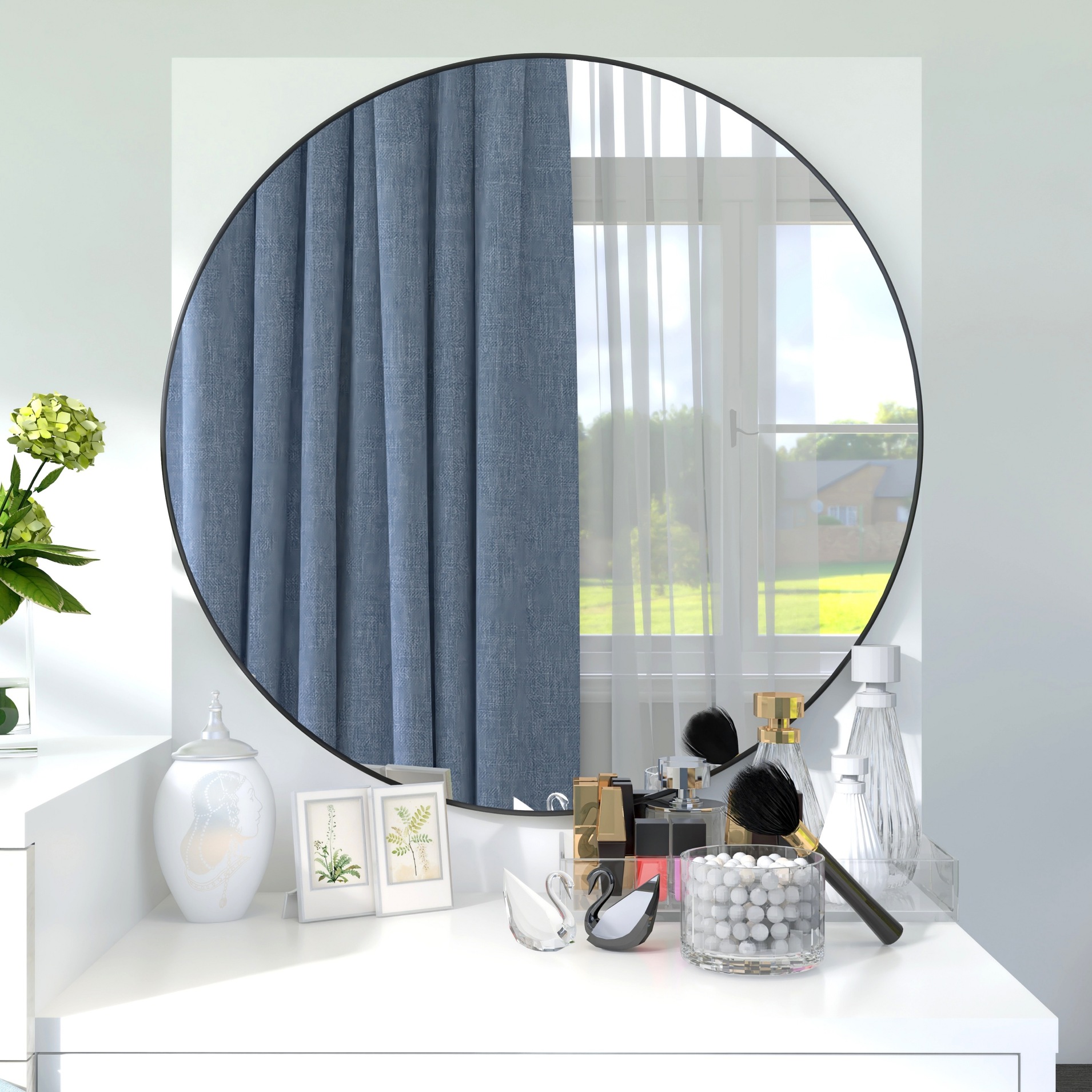 32 x 32 Inch Round Mirror Black Aluminum Frame, Modern Wall Mounted ...