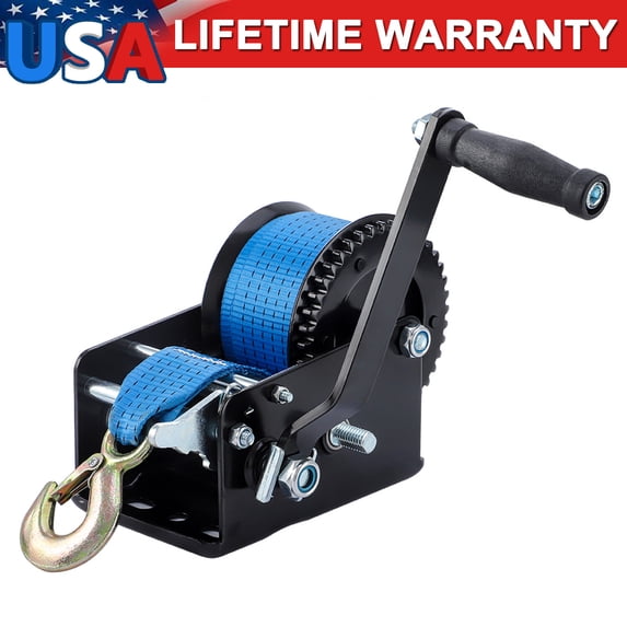 3200lbs Hand Winch Polyester Strap 2 Gear Hand Crank Gear Winch ATV ...