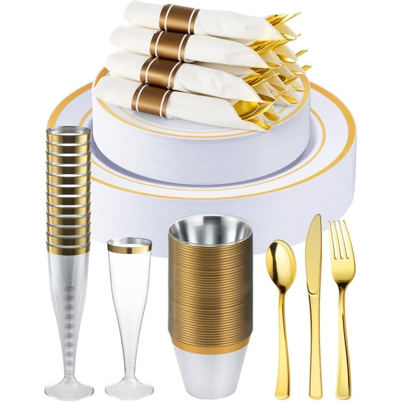 320PCS Gold Disposable Plastic Dinnerware Set for 40 Guests, Include ...