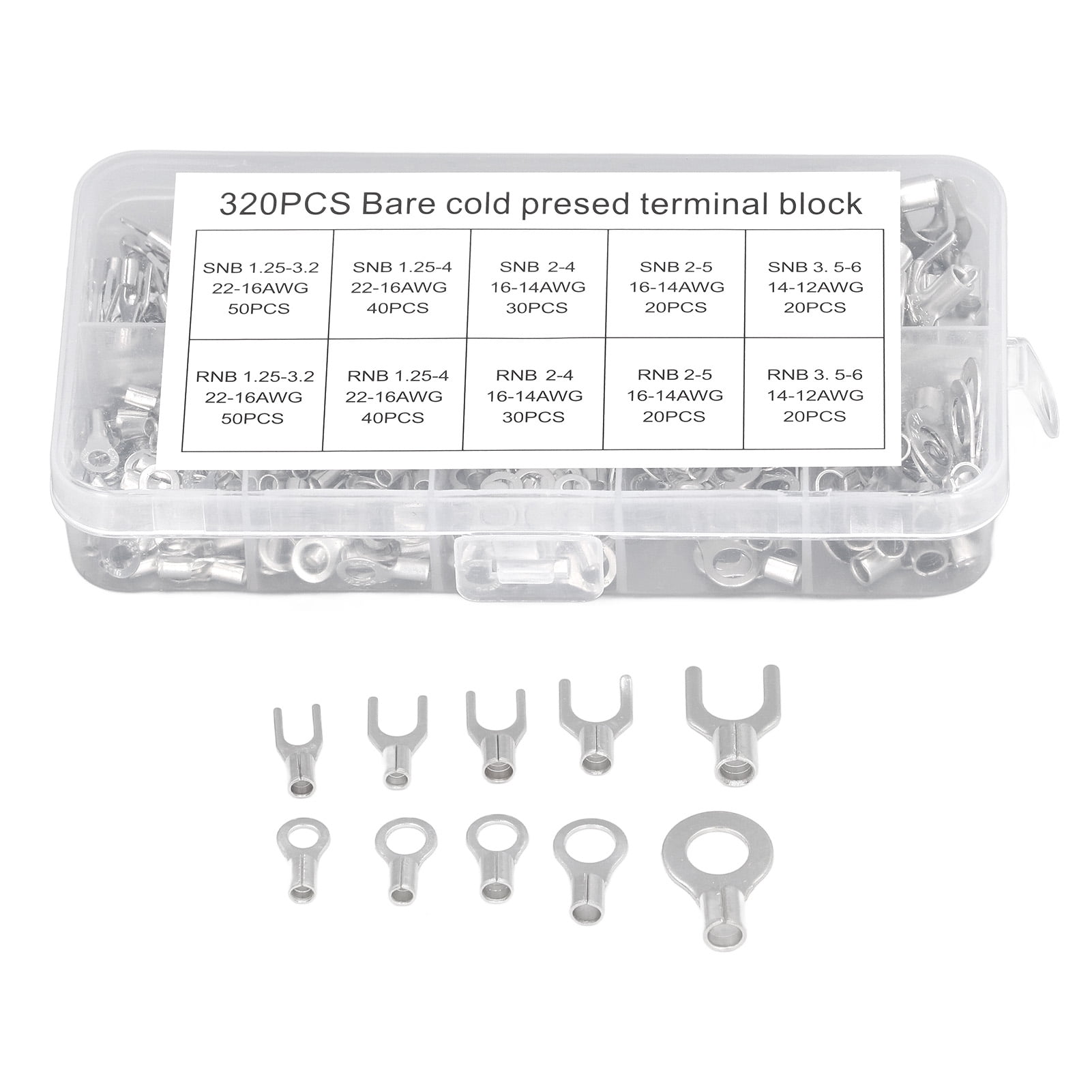 320pcs Ring Terminal Fork Connector Kit Non Insulated Wire Lugs Battery