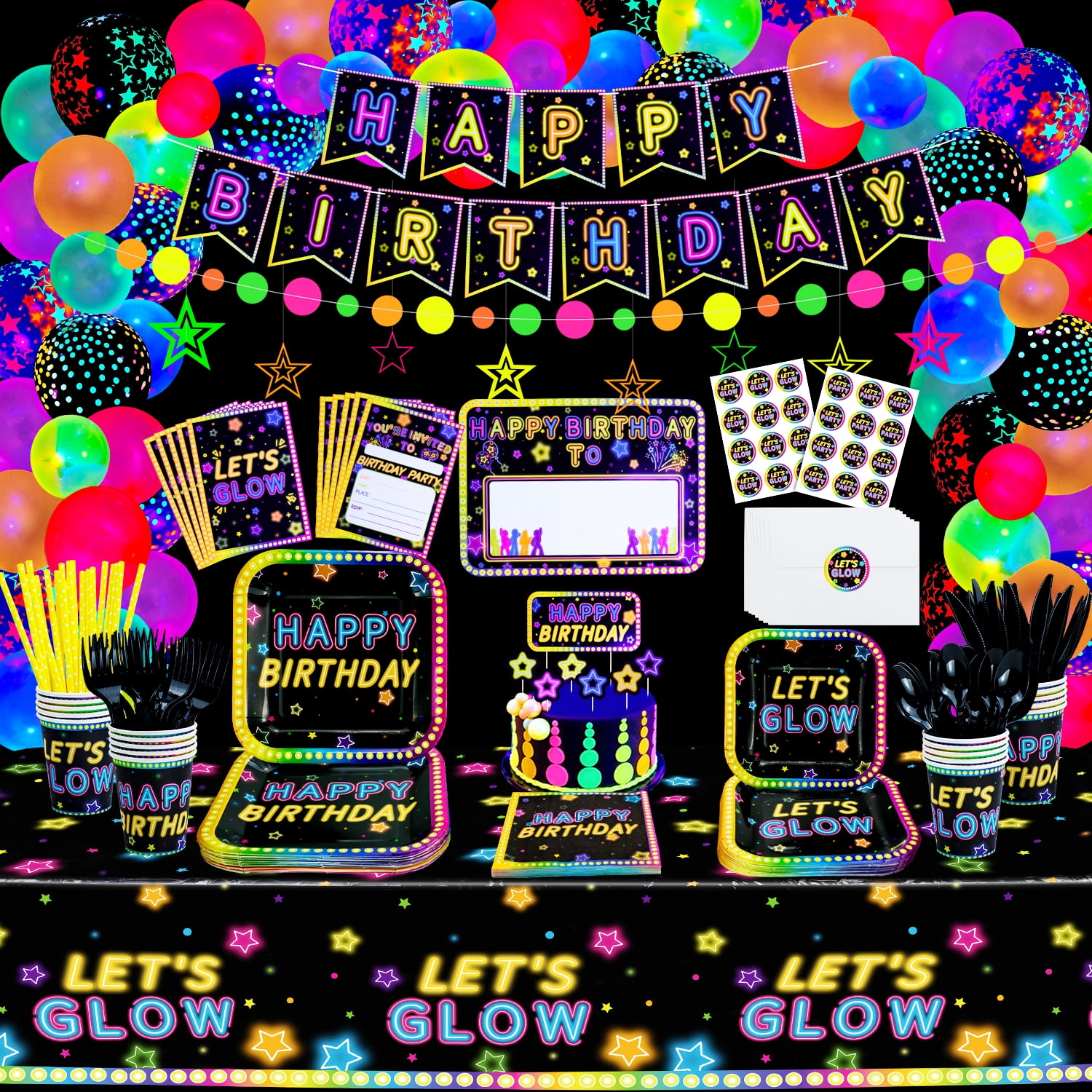 322 PCS Glow Neon Party Tableware Supplies - Neon Balloons, Glow in the ...