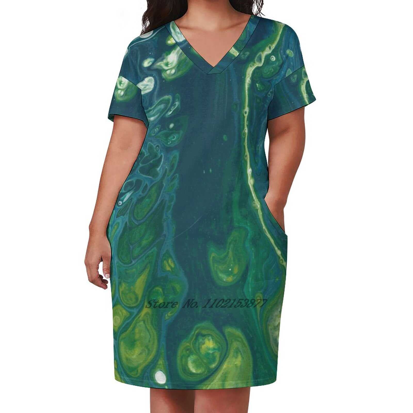 325 Seaweed Loose Pocket Dress Print Short Sleeve Dresses V-Neck Dress 5Xl Acrylic Acrylic ...