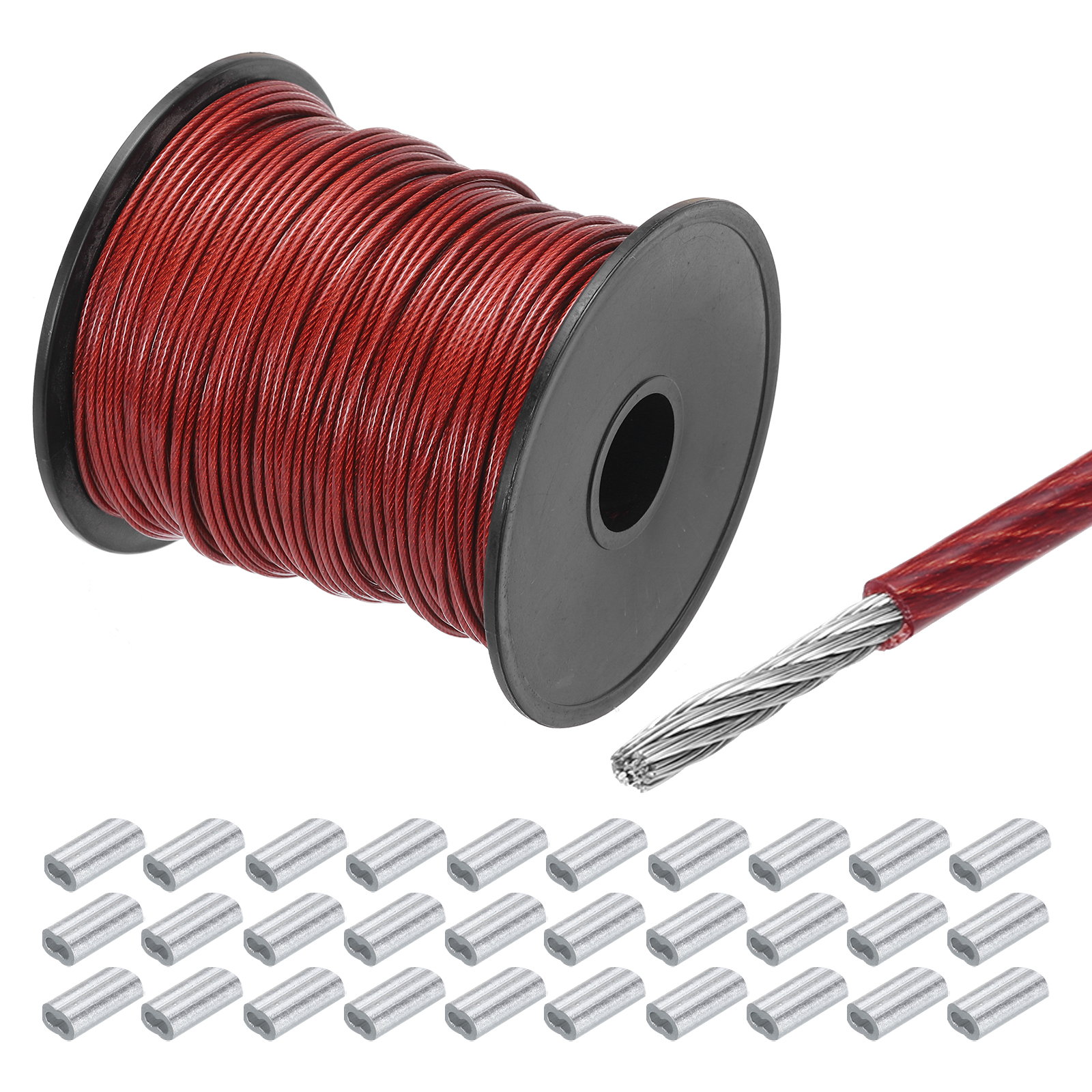 328Ft(100M) Wire Rope 304 Stainless Steel Cable 1/16" (1.5 mm) Vinyl Coated with 30Pcs Aluminum ...