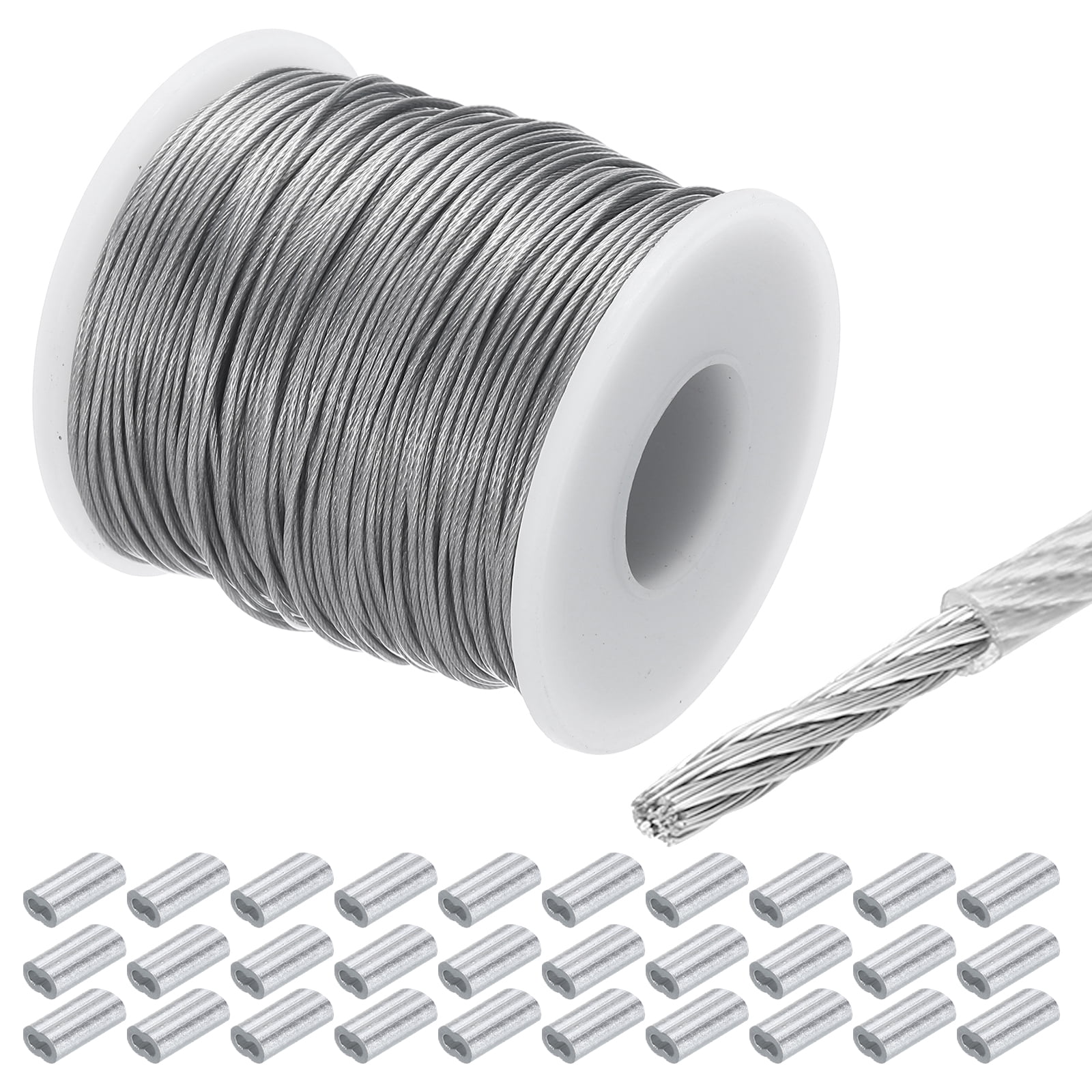 328Ft(100M) Wire Rope 304 Stainless Steel Cable 3/64" (1.2 mm) Vinyl Coated with 30Pcs Aluminum ...