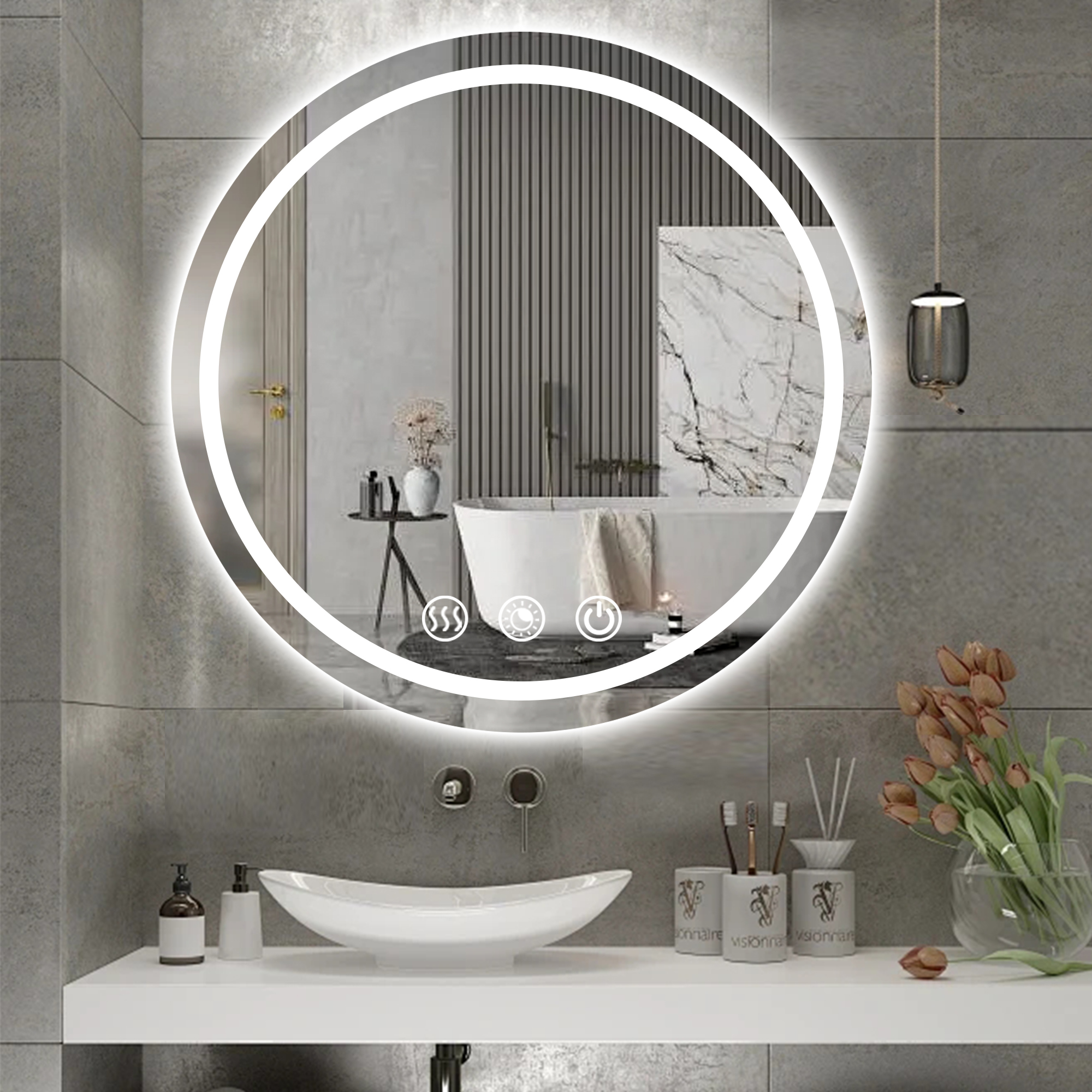32Inch LED Bathroom Mirror Round Anti-Fog Wall Mounted Lighted Vanity ...
