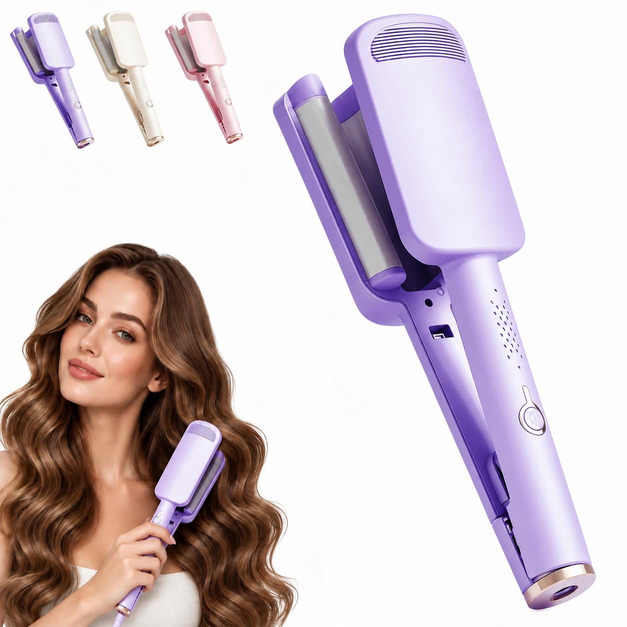 32MM Wavy Hair Curler, Ceramic Negative Ion U-Shape Hair Waver Purple ...