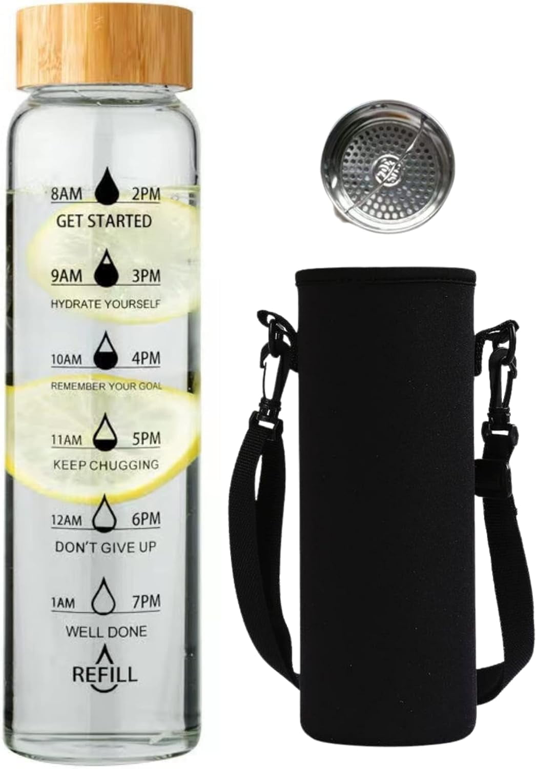 32Oz Glass Motivational Daily Water Bottle, Reusable BPA Free Water ...