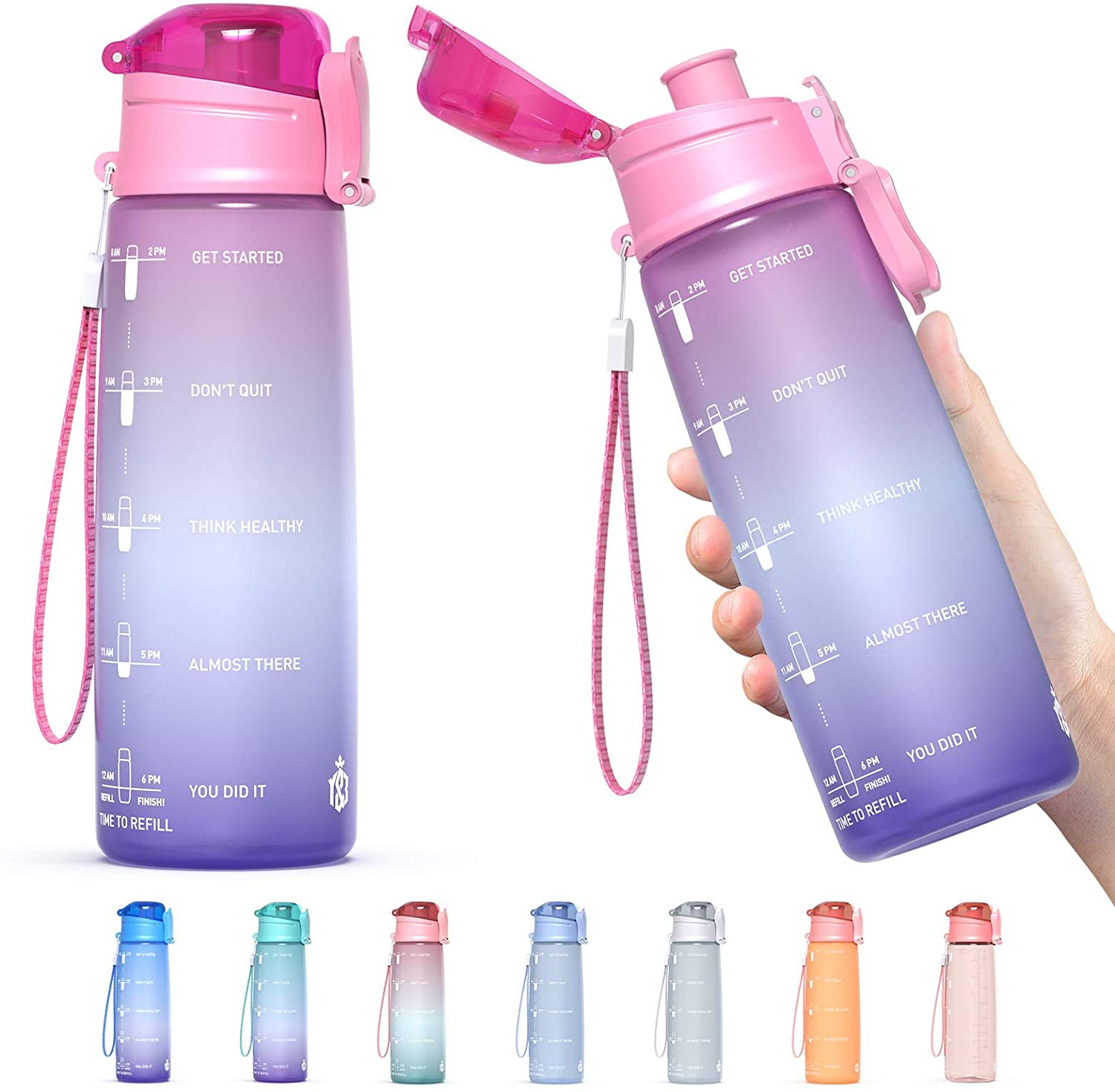 32Oz Motivational Fitness Sports Water Bottle With Time Marker, Bpa Free Tritan Plastic ...