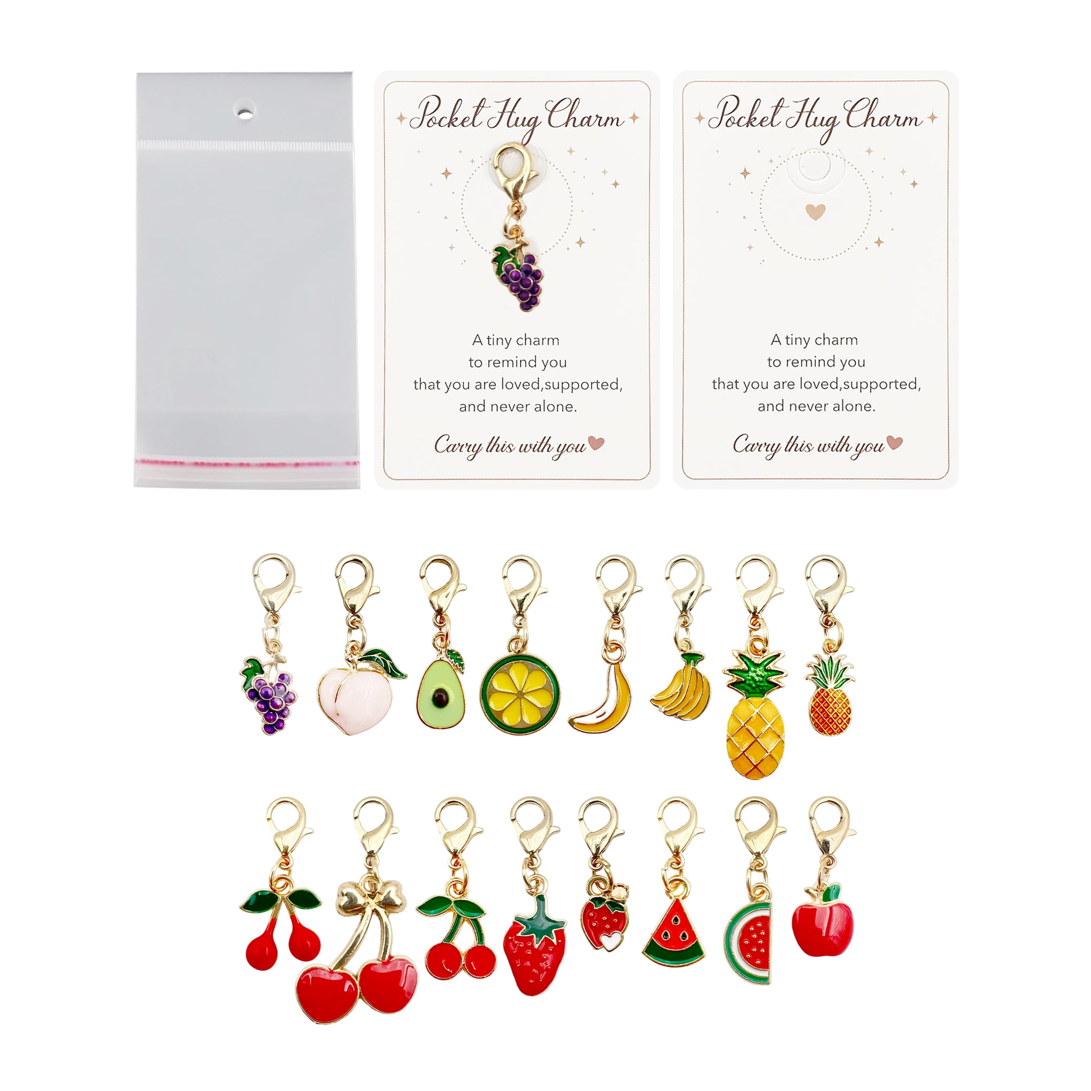 32PC Pocket Hug Charm Fruit Keychain Charms with Message Cards & Bags ...