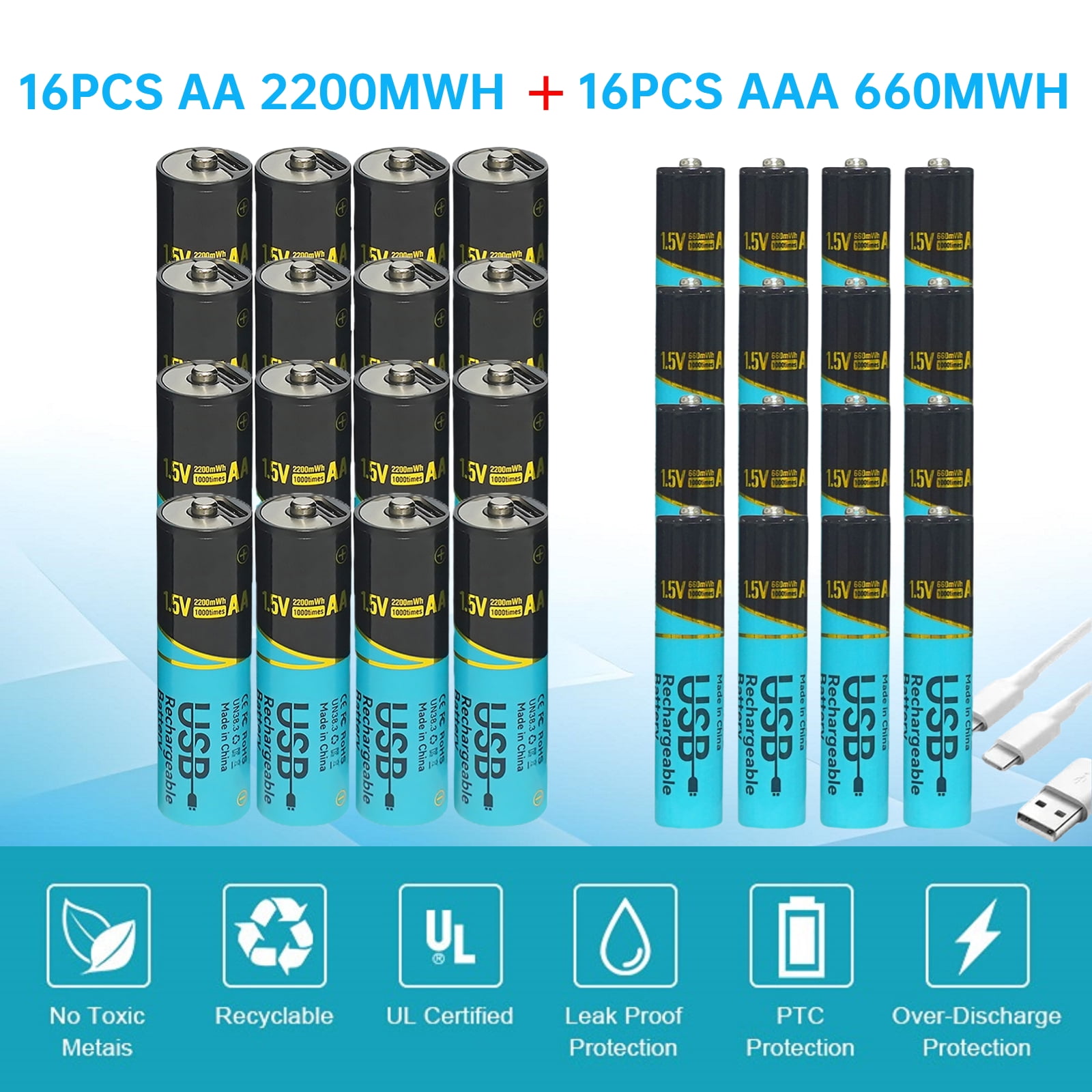 32PCS 1.5v 2200mWh AA and 660 mWh Rechargeable USB Lithium Batteries ...