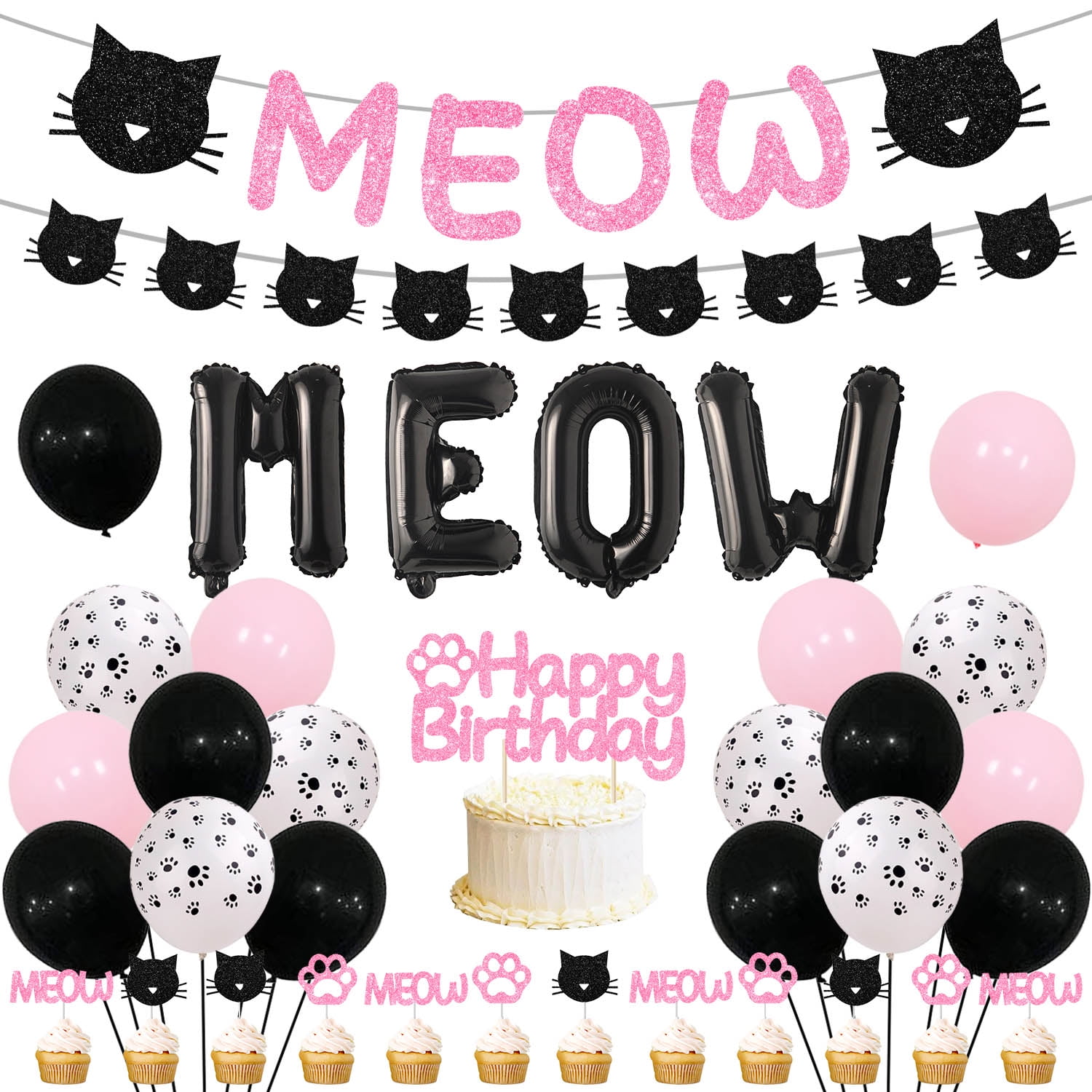 32PCS Cat Birthday Party Decoration-Meow Cat Banner,Black MEOW Foil ...