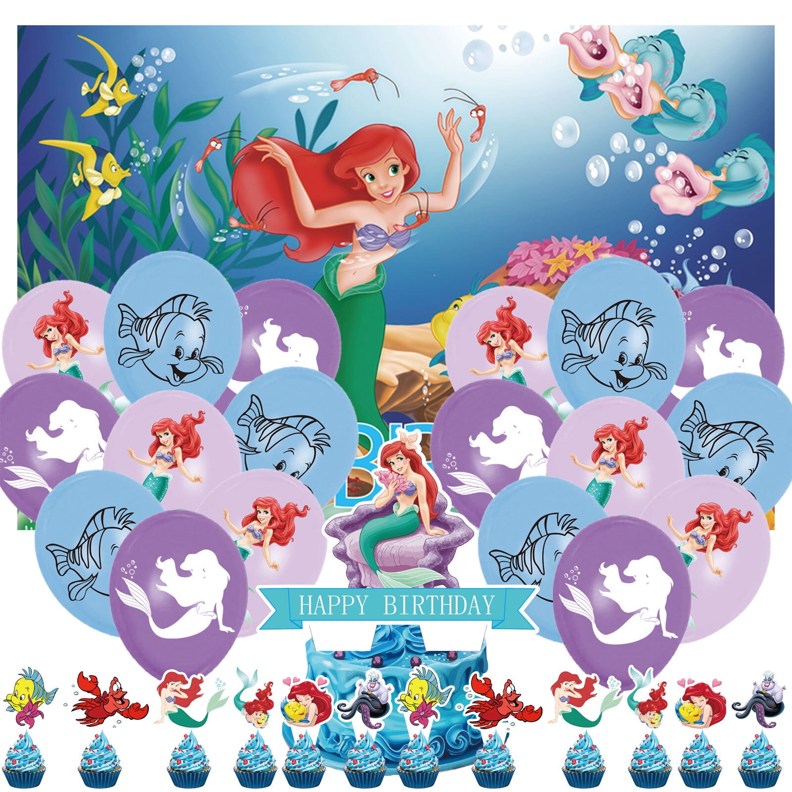 32PCS For Ariel Cartoon Party Supplies Set,Cake Topper,Includes 5*3ft ...